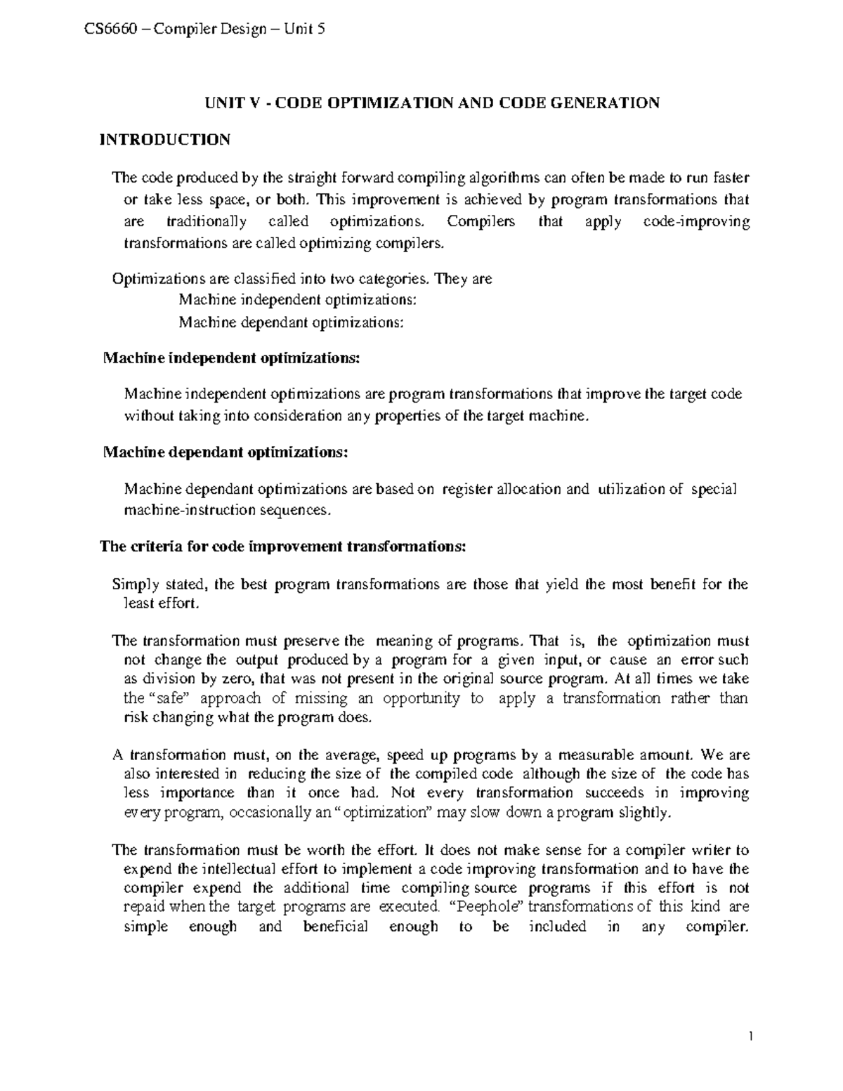 Unit 5 Cd Notes Compiler Design 1 Unit V Code Optimization And Code Generation