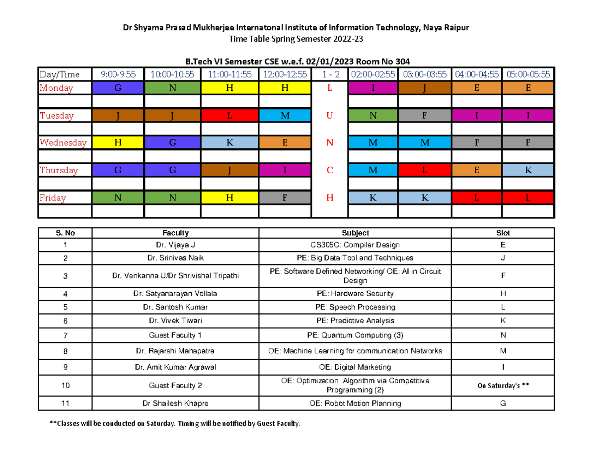 VI- Semester CSE Spring 22-23 - Day/Time 9:00-9: 10:00-10: 11:00-11: 12 ...