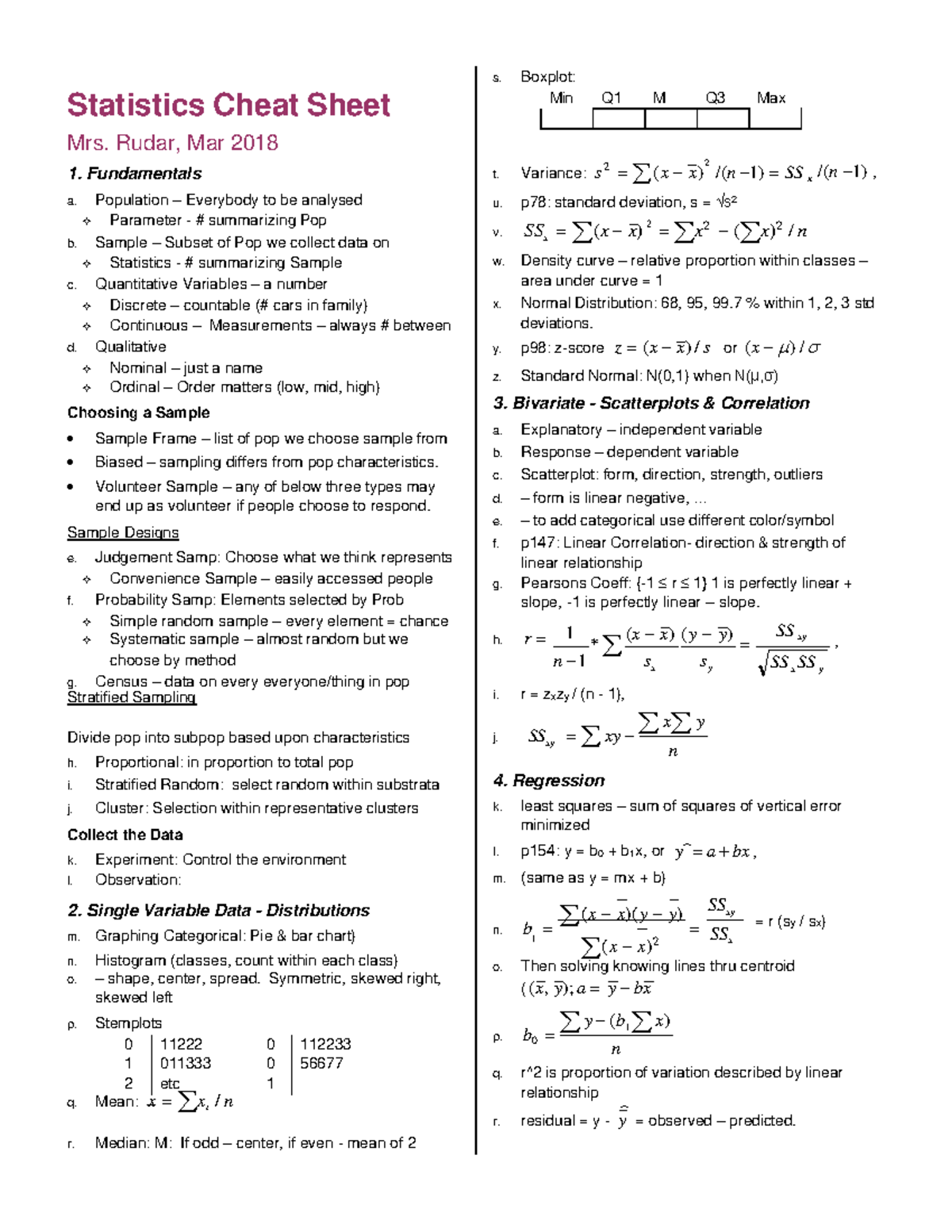 Stats cheat - Statistics Cheat Sheet Mrs. Rudar, Mar 2018 1 ...