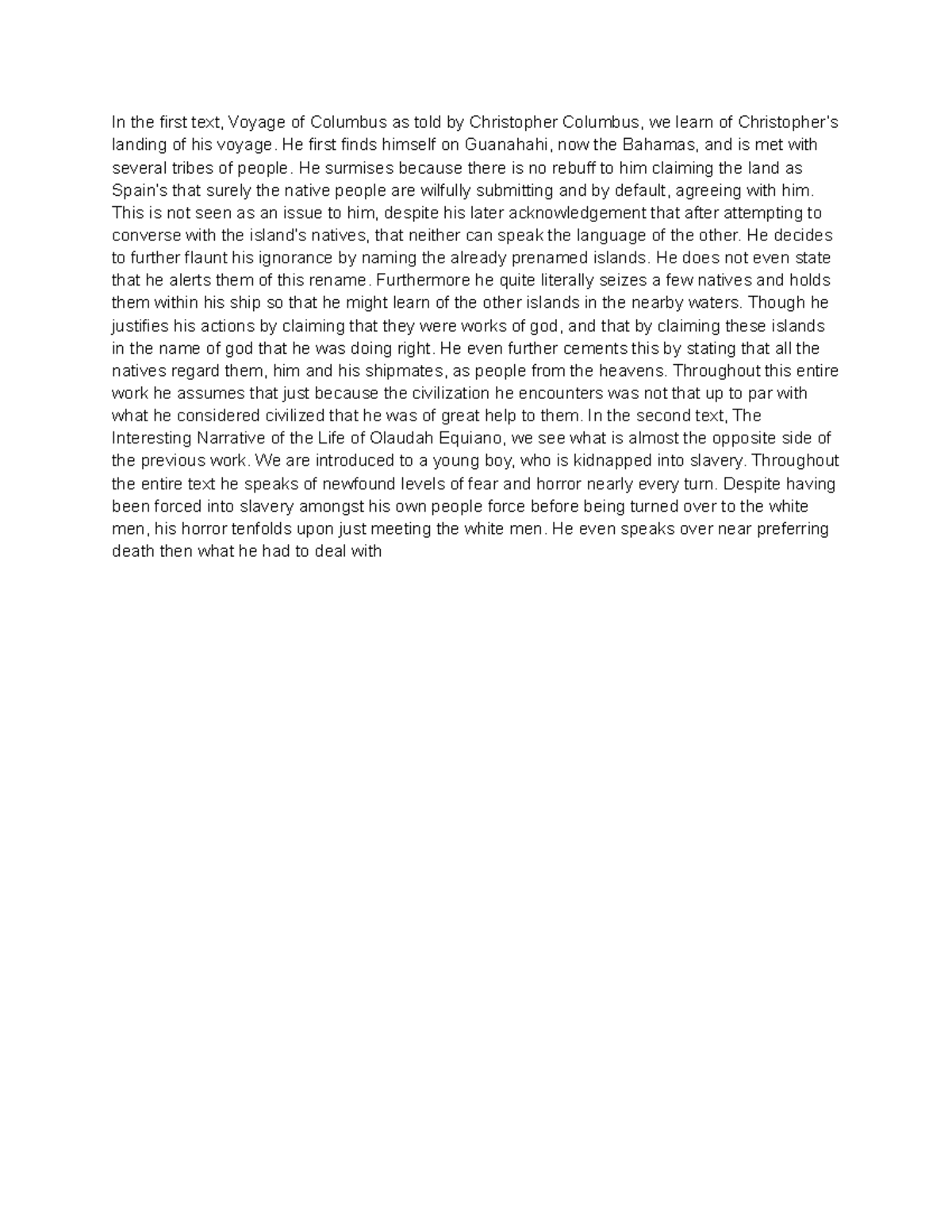 1st Essay History - In the first text, Voyage of Columbus as told by ...