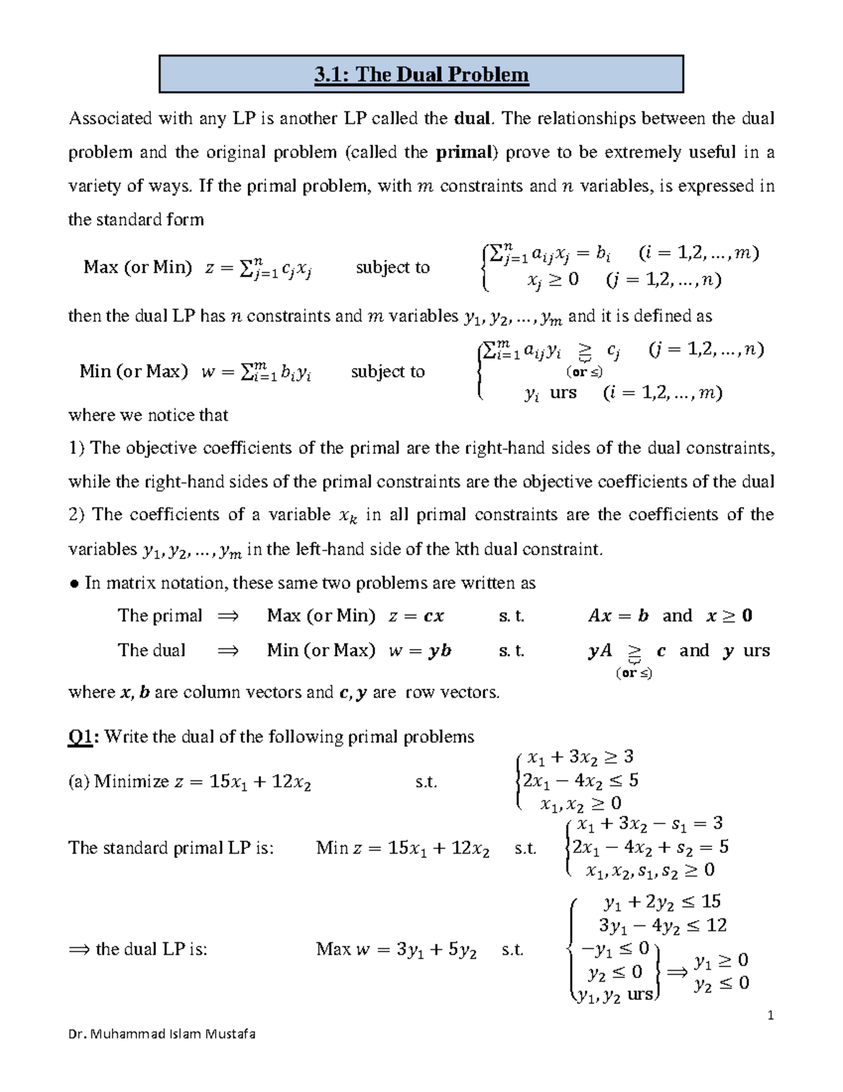 3 - Class Notes. - 1 Associated with any LP is another LP called the ...