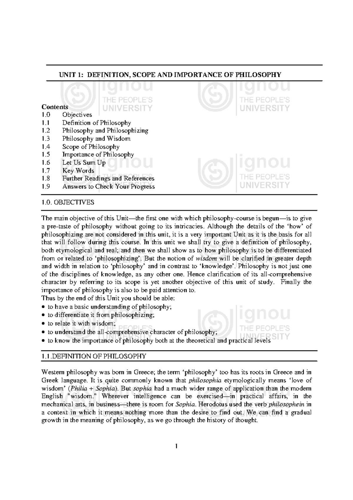 Unit-1 - RPE - UNIT 1: DEFINITION, SCOPE AND IMPORTANCE OF PHILOSOPHY Contents 1 Objectives 1 ...