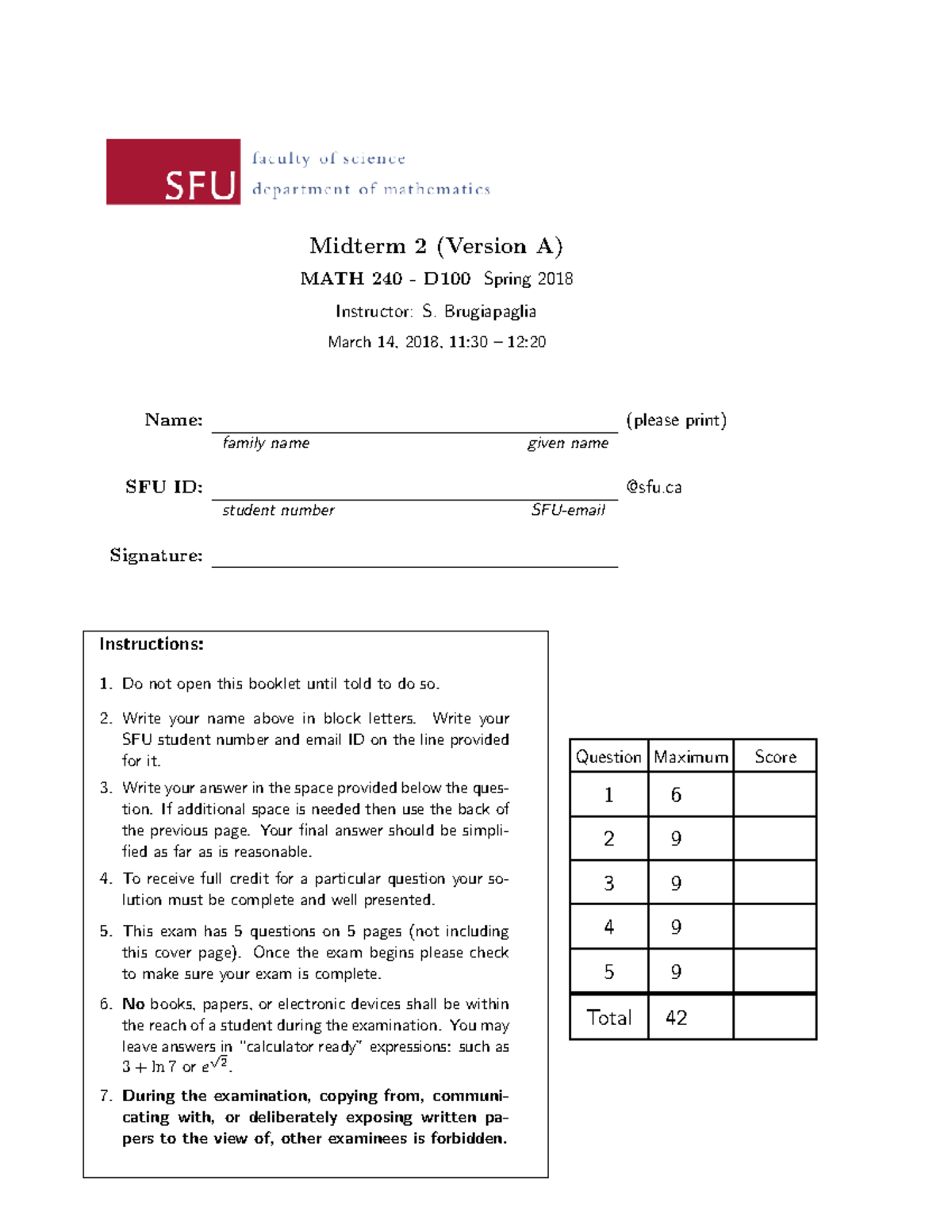 Sample-midterm-2 - Sample Midterm 2 - MATH 240 - SFU - Studocu