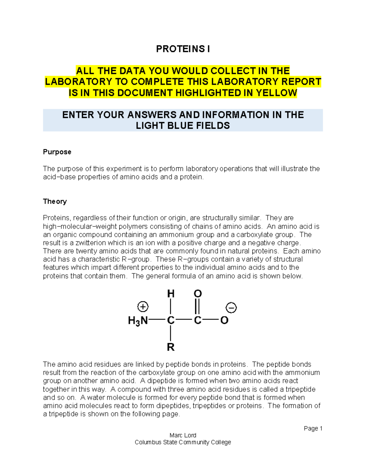 Protein I Data Form - For Chem 1111 - Page 1 Marc Lord PROTEINS I ALL THE DATA YOU WOULD COLLECT ...