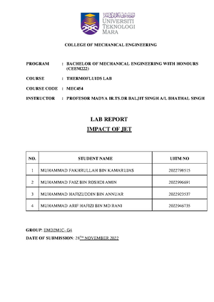 LAB Report Impact OF JET ( Fluids) - PROGRAM : EM220 SARJANA MUDA ...