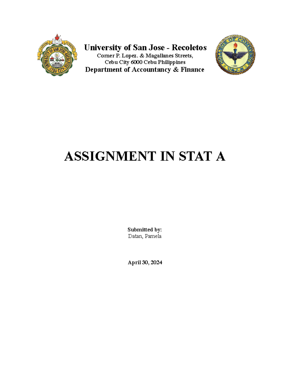STAT Assignment - Summary Bachelor of Science In Accountancy - University of San Jose ...