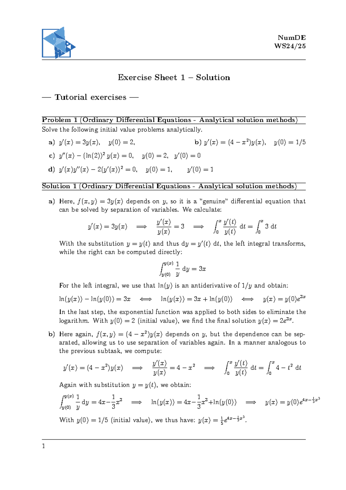 Musterloesung 1 - solutions of the first sheet - NumDE WS24/ Exercise Sheet 1 – Solution ...