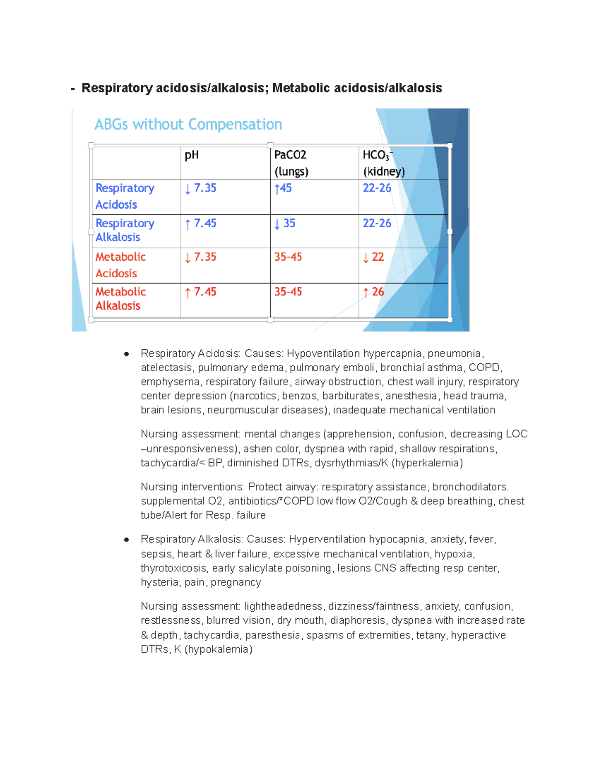 Funds QUIZ #3 Review Sheet - Respiratory acidosis/alkalosis; Metabolic ...
