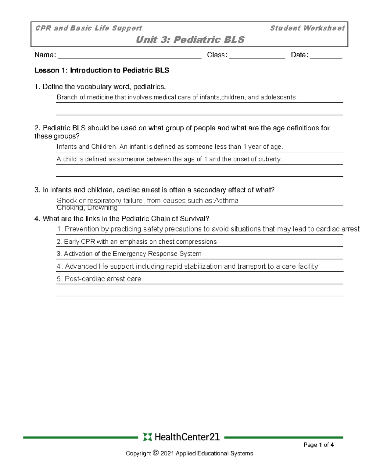 Pediatric CPR wkst - Unit 3 : Pediatric BLS Name ...