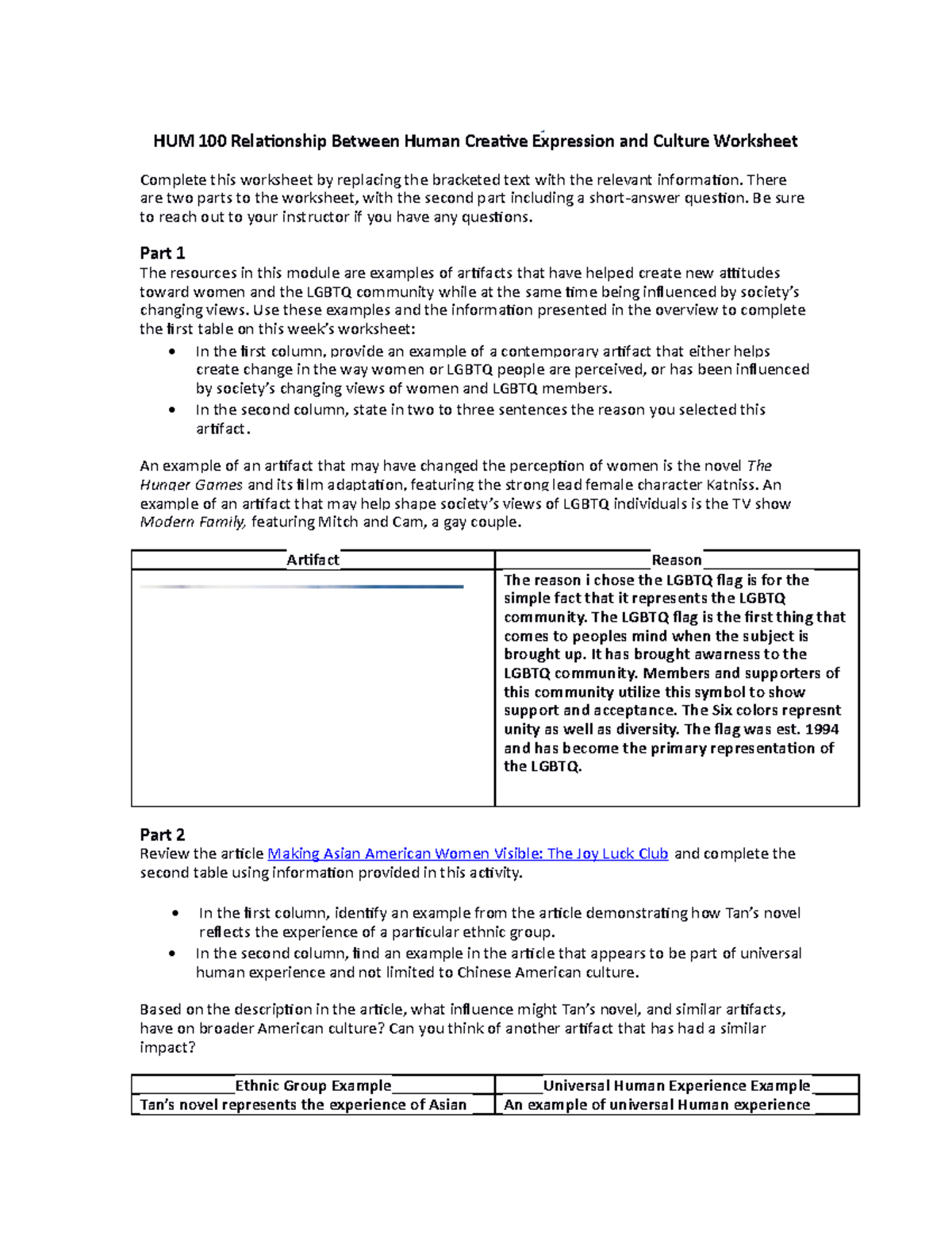 HUM 100 Relationship Between Human Creative Expression and Culture ...