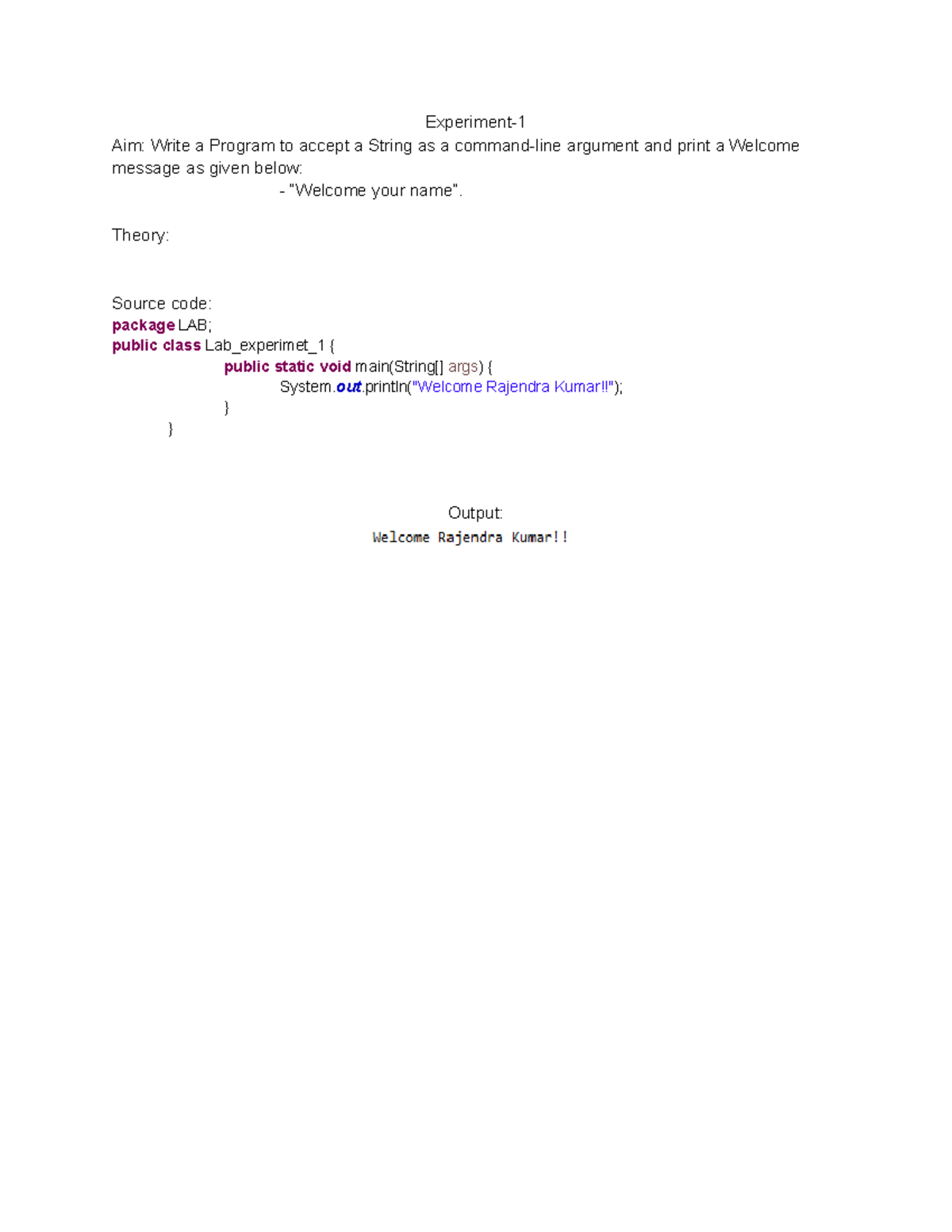 JAVA Lab - swdxsw wax - Aim: Write a Program to accept a String as a command-line argument and ...
