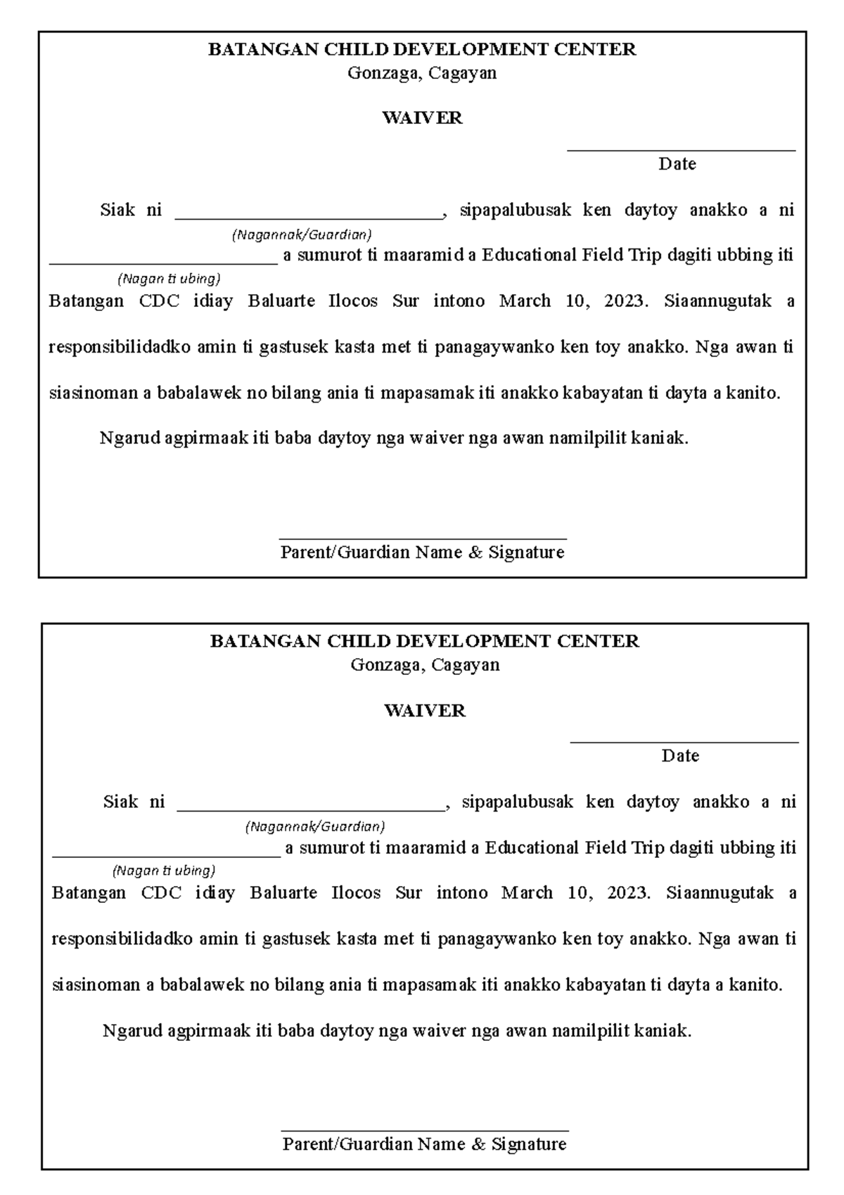 Fieldtrip waiver - field trip - BATANGAN CHILD DEVELOPMENT CENTER ...