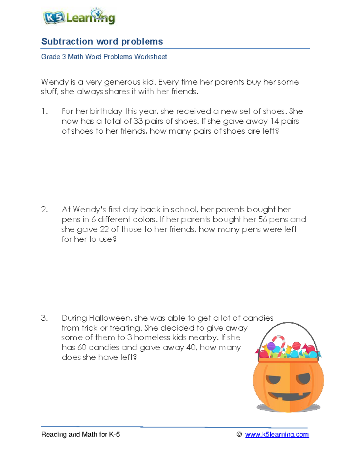 Grade 3 subtraction word problems a2 - Reading and Math for K- 5 ...