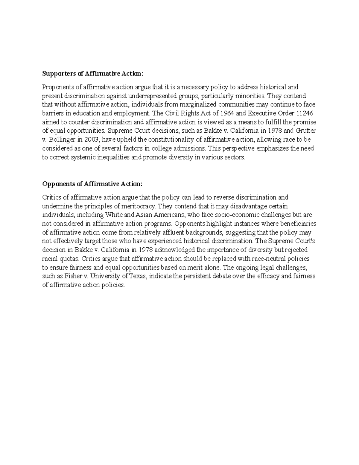 8.04 Affirmative Action - Assignment - Supporters of Affirmative Action: Proponents of ...