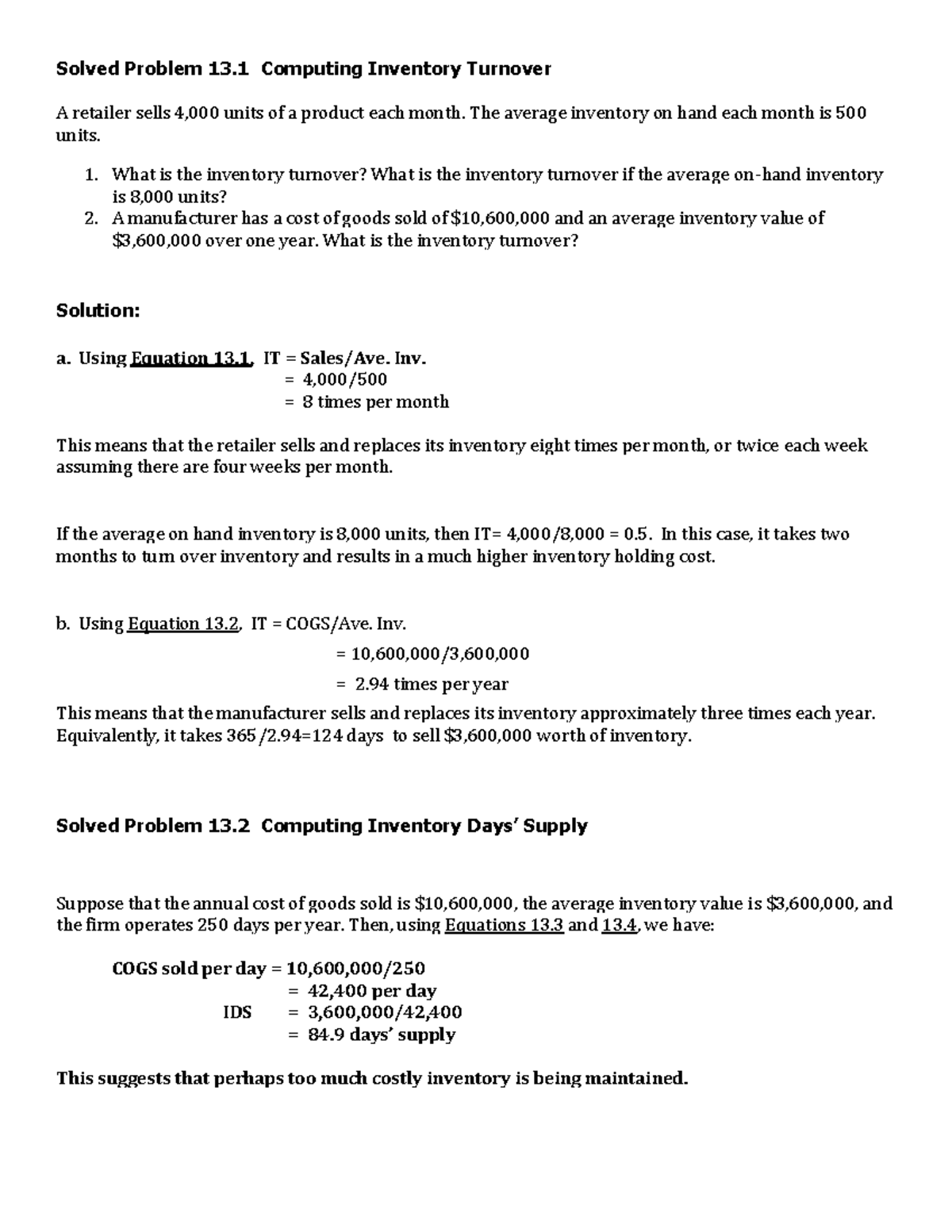 OM Solved Problems Chapter 13 - Solved Problem 13 Computing Inventory Turnover A retailer sells ...