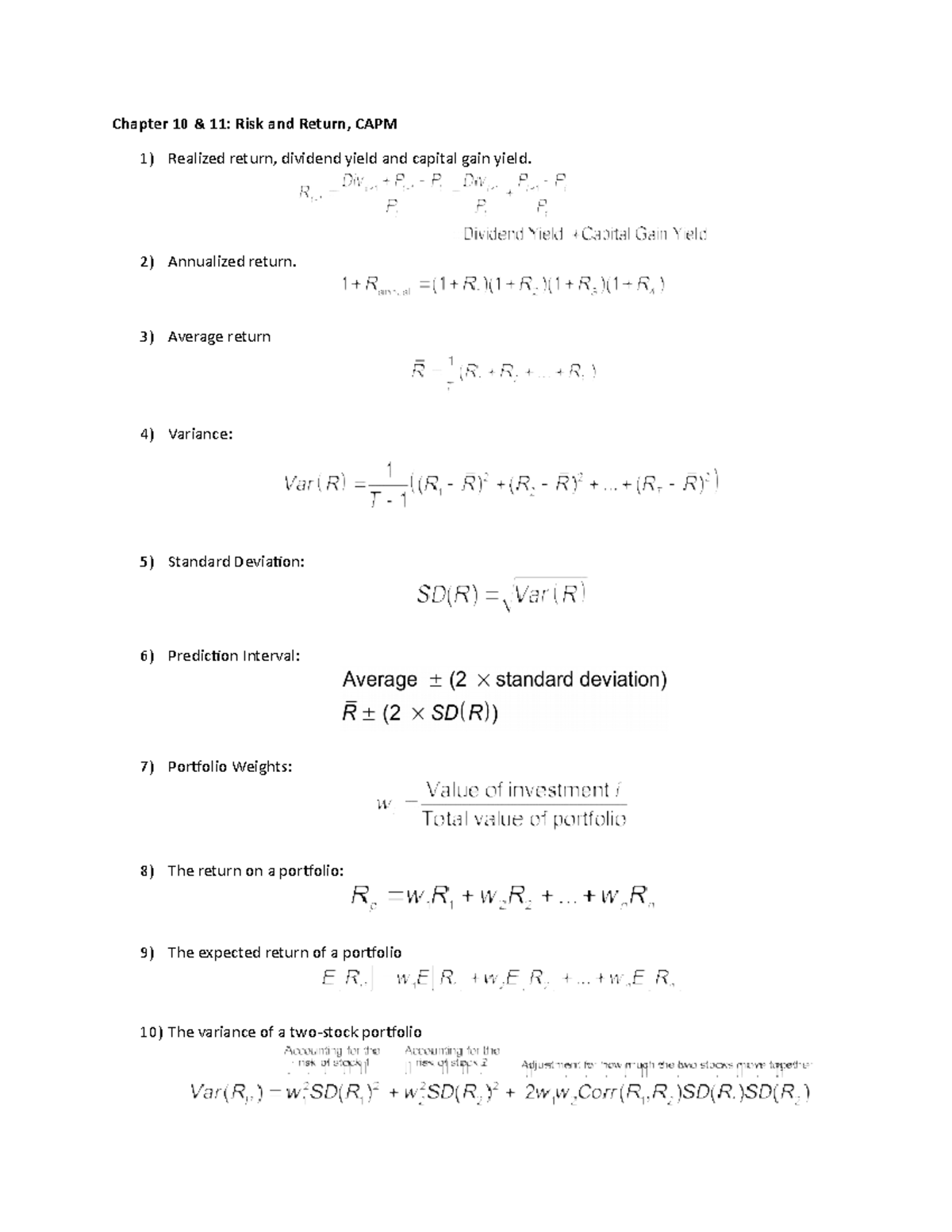 Formula Sheet for final exam - Chapter 10 & 11: Risk and Return, CAPM 1 ...