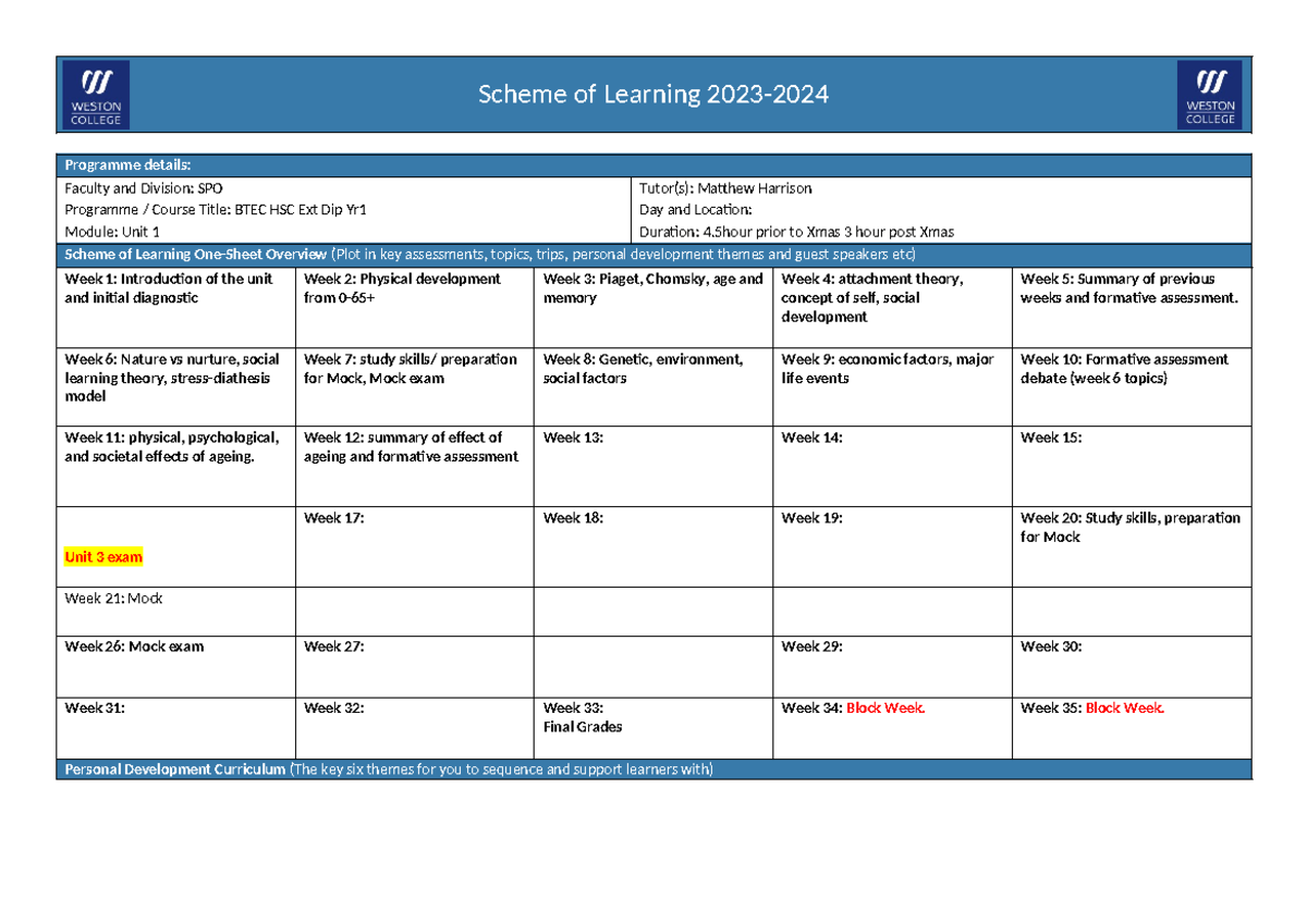 Btec Y1 So L Unit 1 - Scheme of Learning 2023- Programme details: Faculty and Division: SPO ...