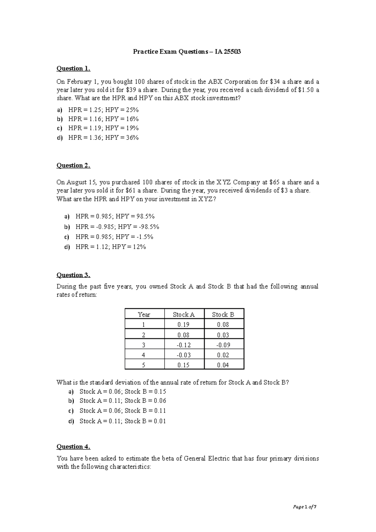 Practice Questions Practice Exam Questions IA 25503 Question 1 On