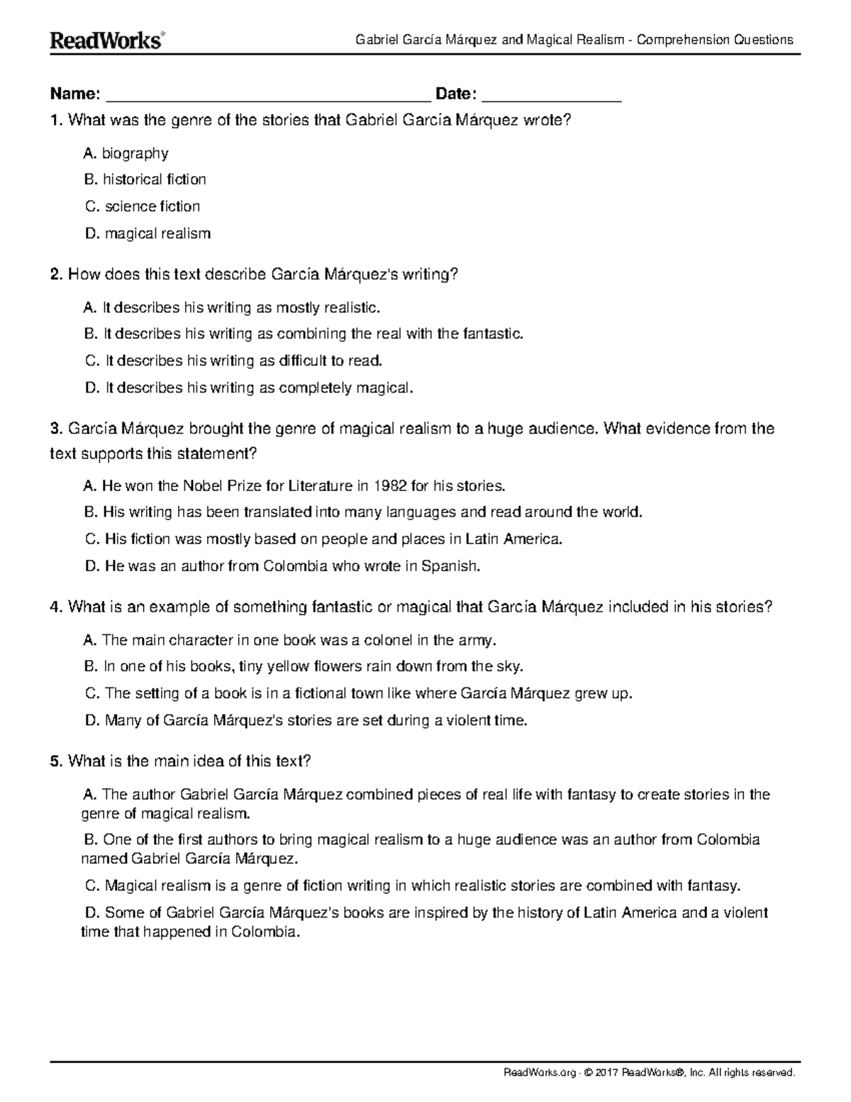 Gabriel garcia marquez quiz and answer key - Gabriel García Márquez and ...