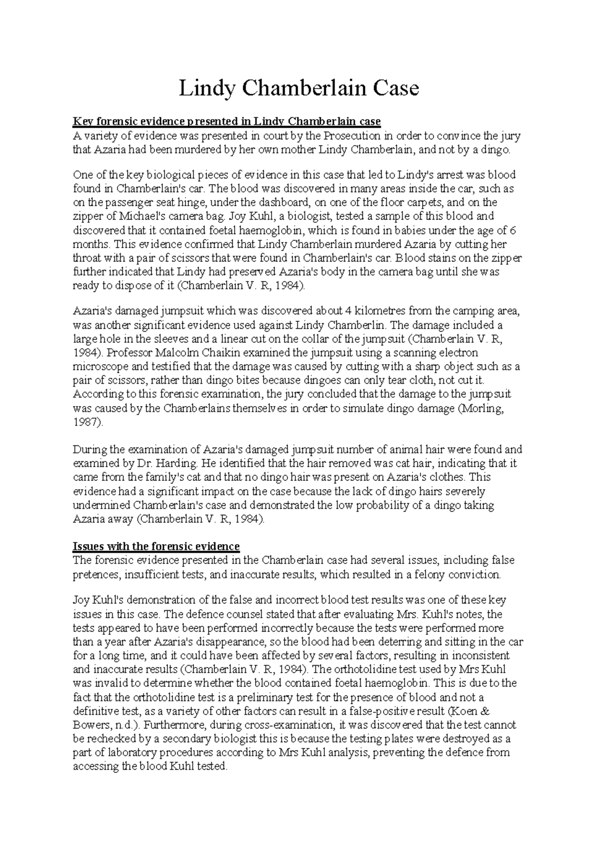 Lindy Chamberlain Case Report - Lindy Chamberlain Case Key forensic evidence presented in Lindy ...