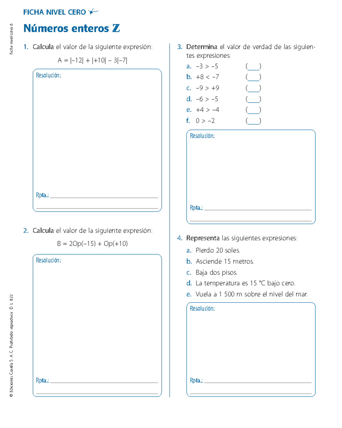 F0 Números enteros - ficha - Ficha nivel cero 6 © Ediciones Corefo S. A. C. Prohibido reproducir ...
