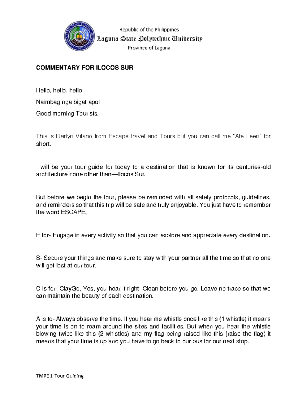 Darlynnnnn - SALAAMT SA LAHAT - TMPE 1 Tour Guiding COMMENTARY FOR ...