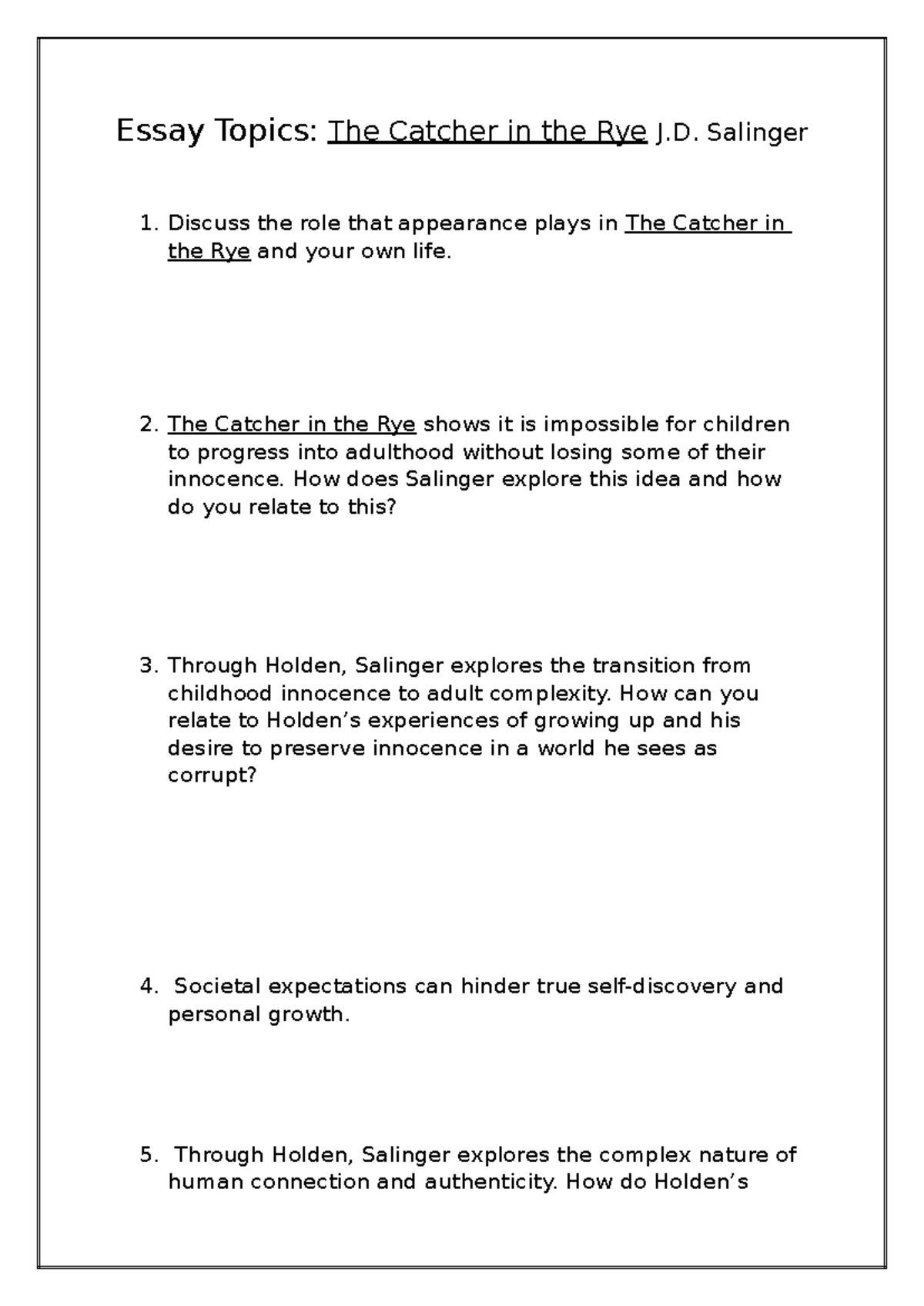 14g. Essay Topics - Essay Topics: The Catcher in the Rye J. Salinger 1 ...