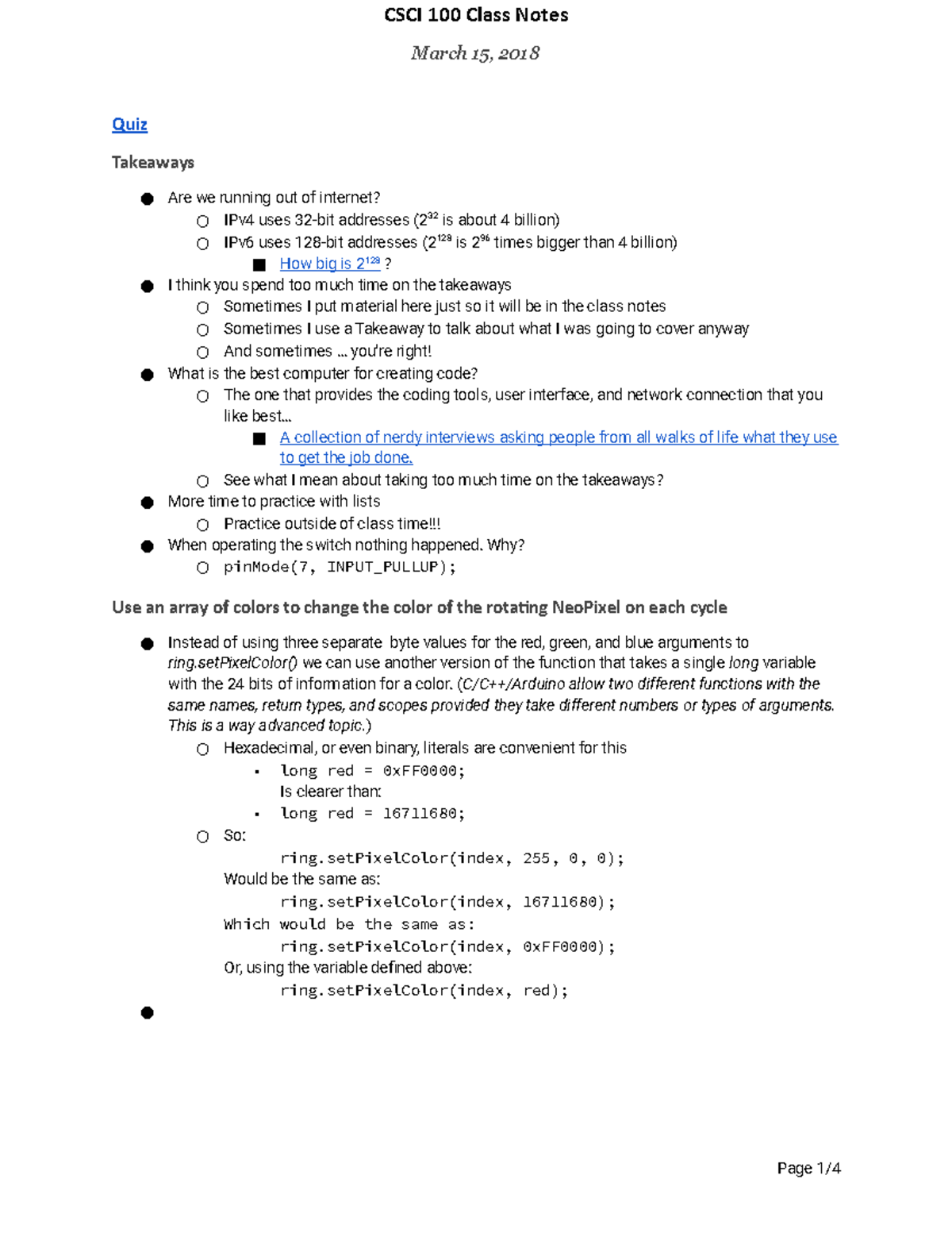 2018-03-15 Class Notes - CSCI 100 Class Notes March 15, 2018 Quiz ...