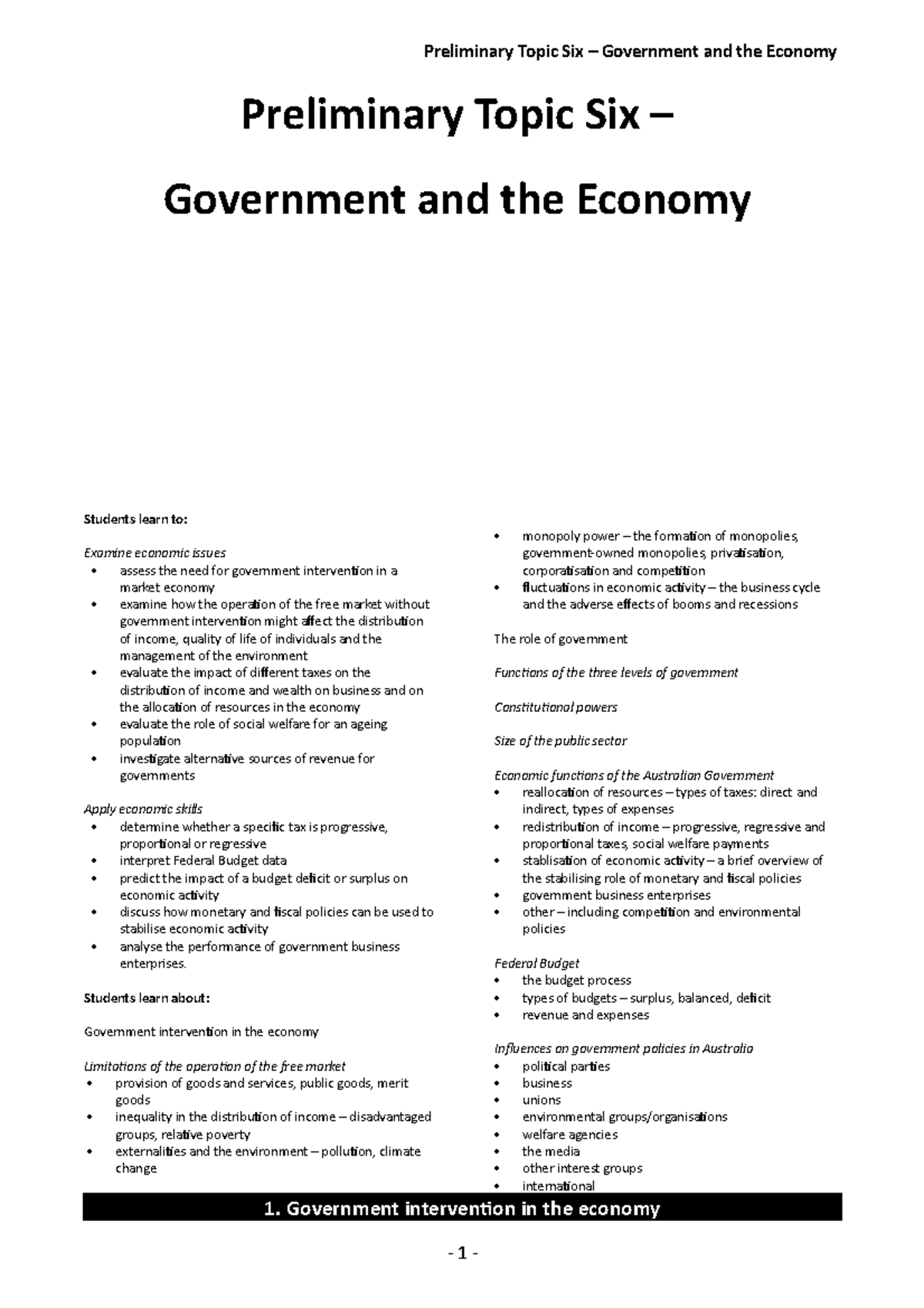 01. Government in the Economy - Booklet - Preliminary Topic Six ...