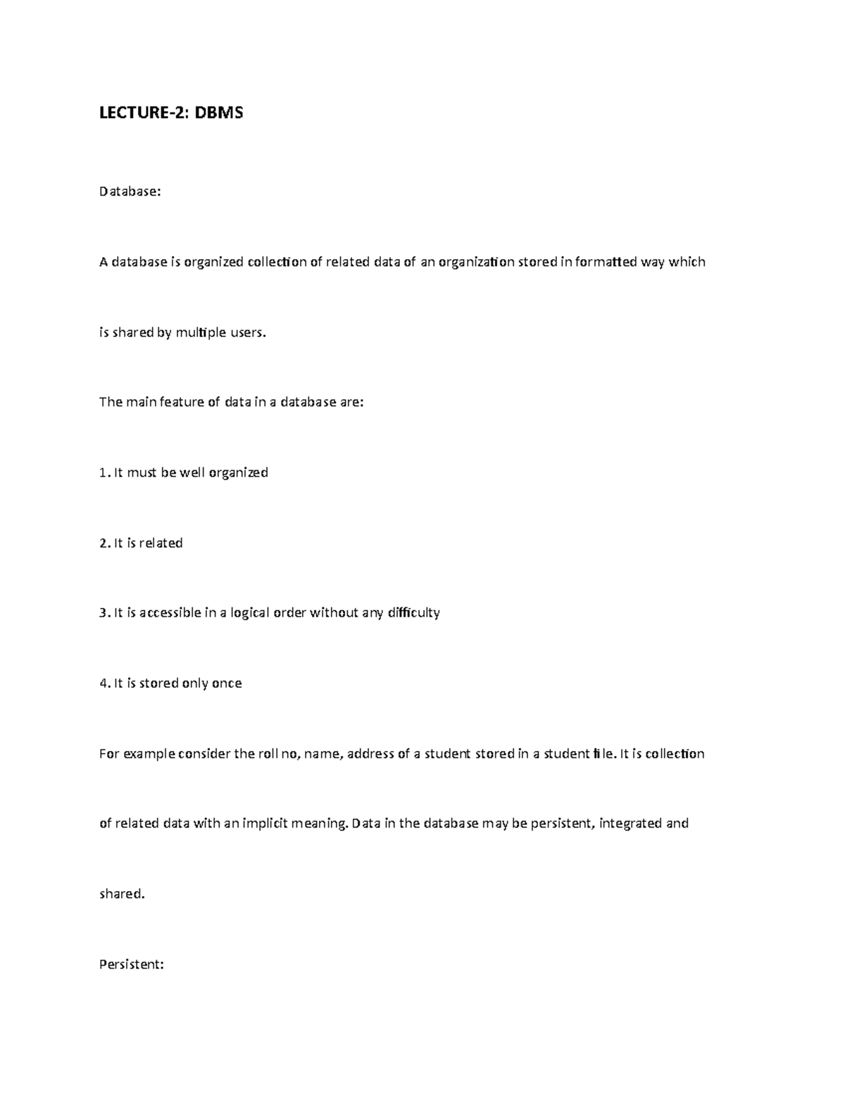 Dbms A Database Is Organized Collection Of Related Data Of An Organization Stored Lecture 2