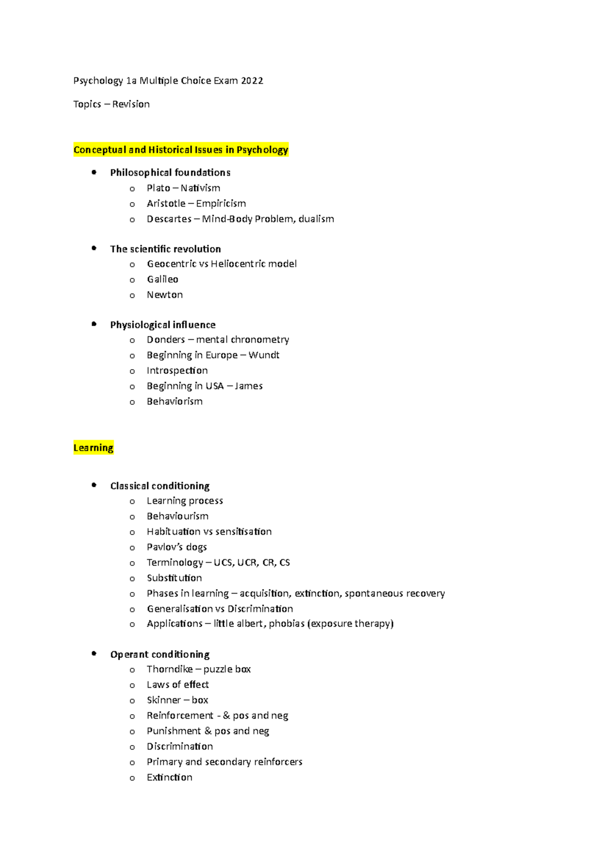 Psych exam topics - Psychology 1a Multiple Choice Exam 2022 Topics ...