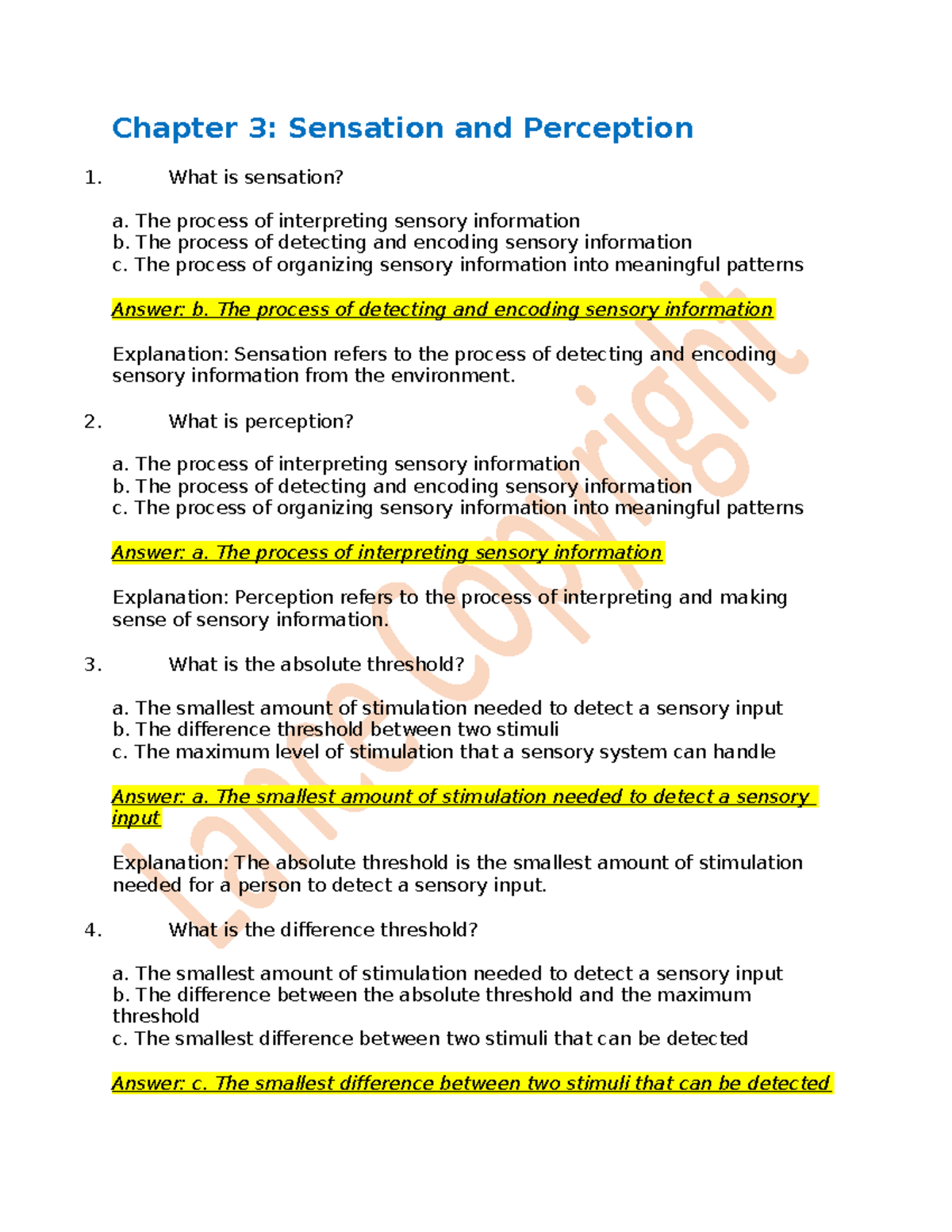 Chapter 3 Sensation and Perception Exercises - Chapter 3: Sensation and ...