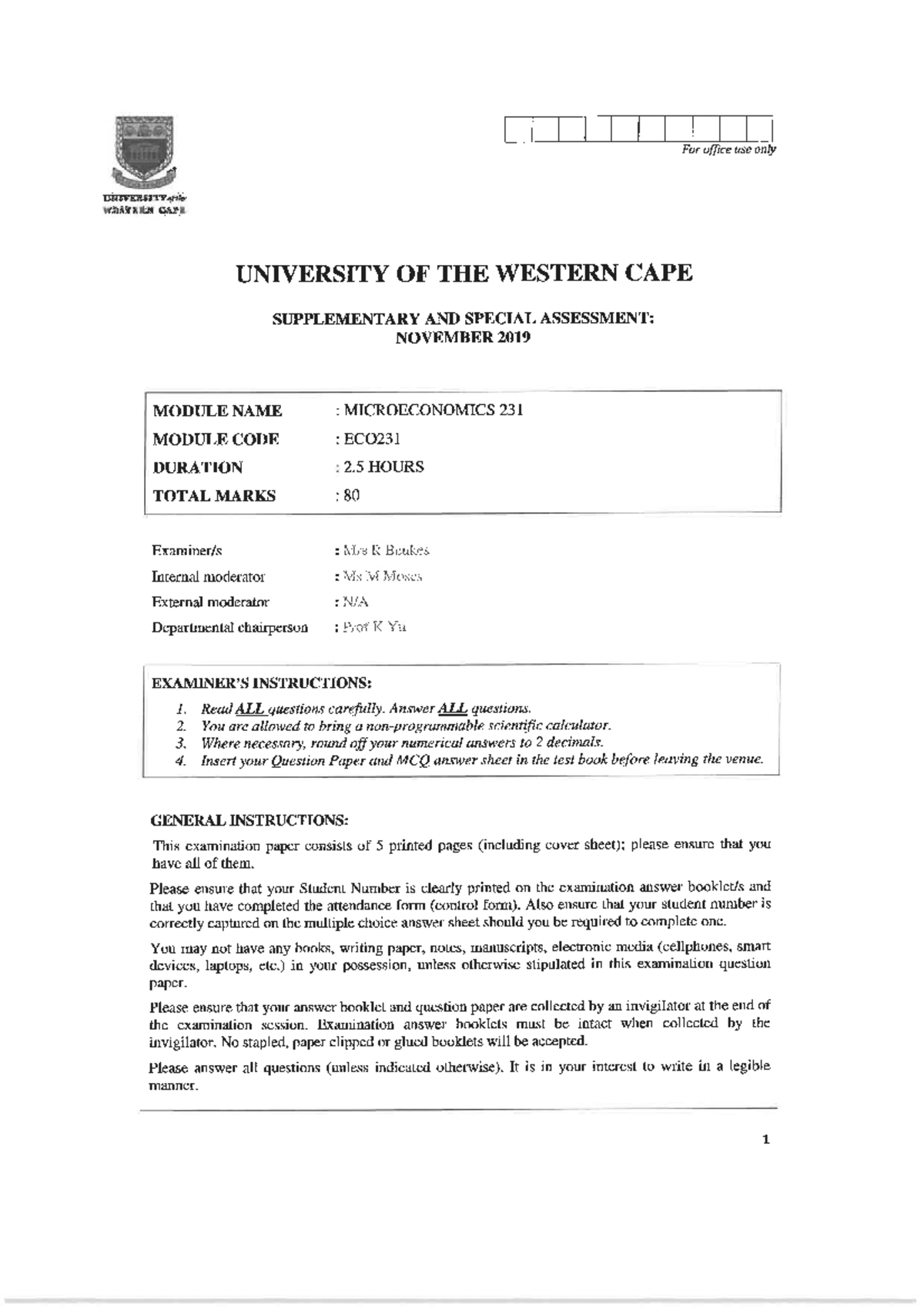 ECO231 2019 11 SU SP - Past question paper - For office use only ...