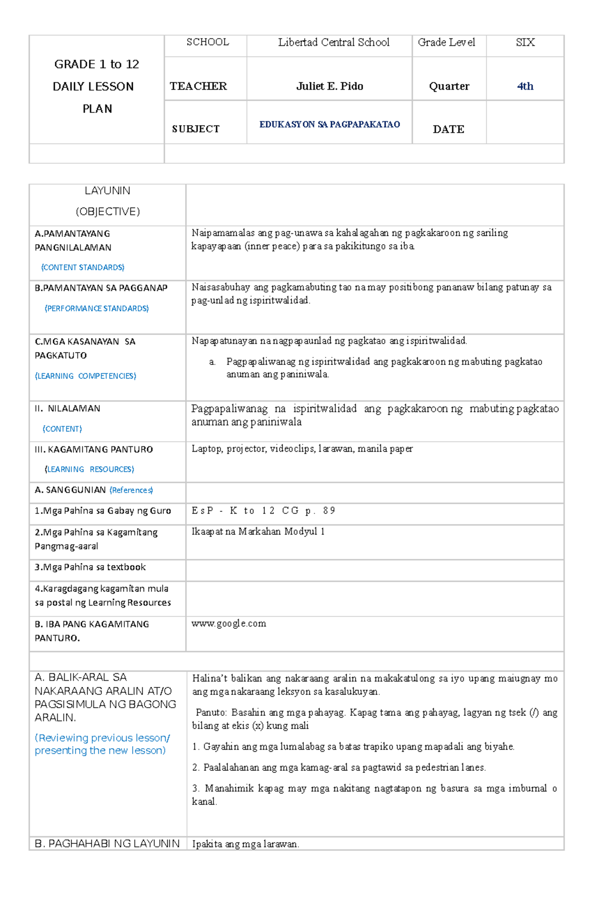 CO in ESP 4th quarter - hopefully it helps - GRADE 1 to 12 DAILY LESSON ...