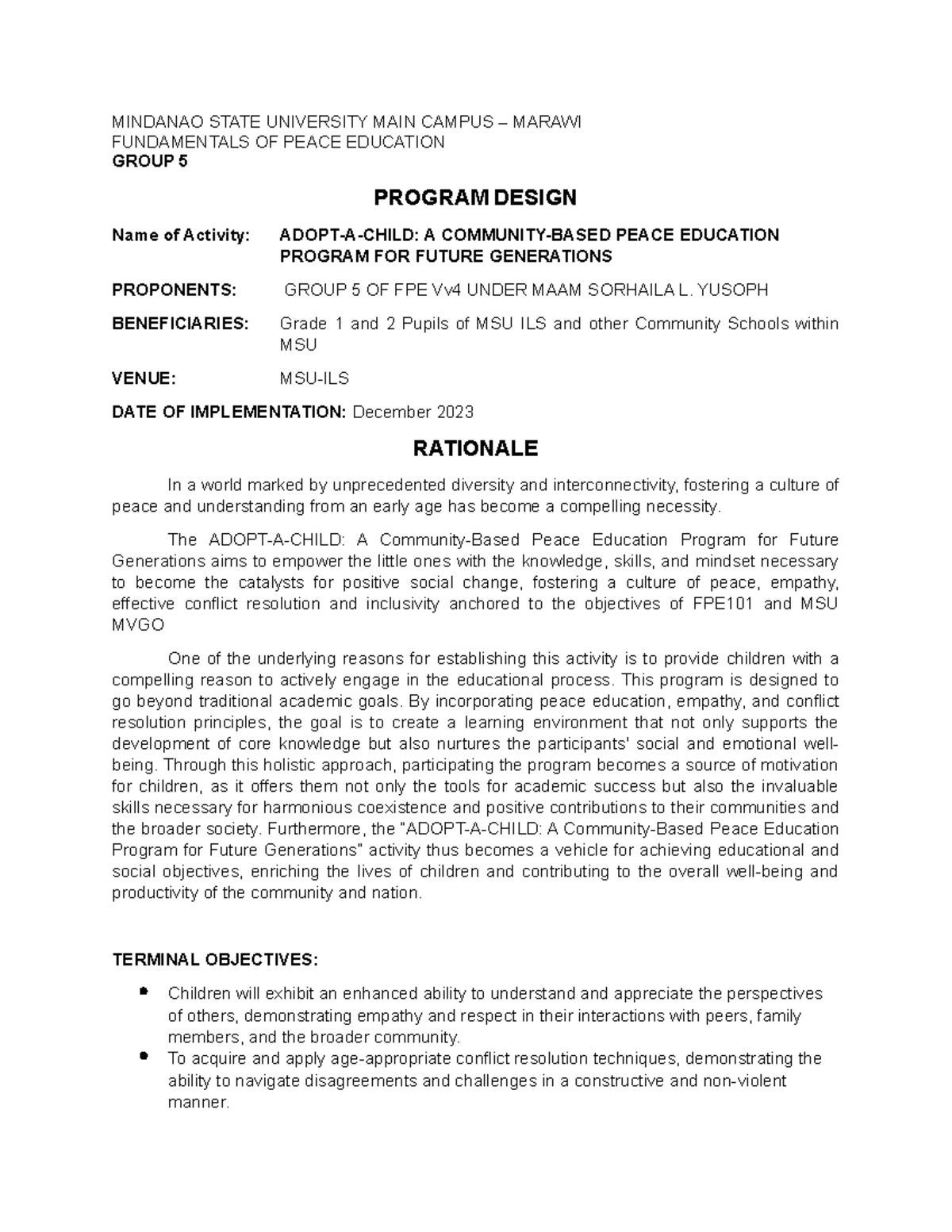 PROJECT PROPOSAL FOR FPE - MINDANAO STATE UNIVERSITY MAIN CAMPUS ...