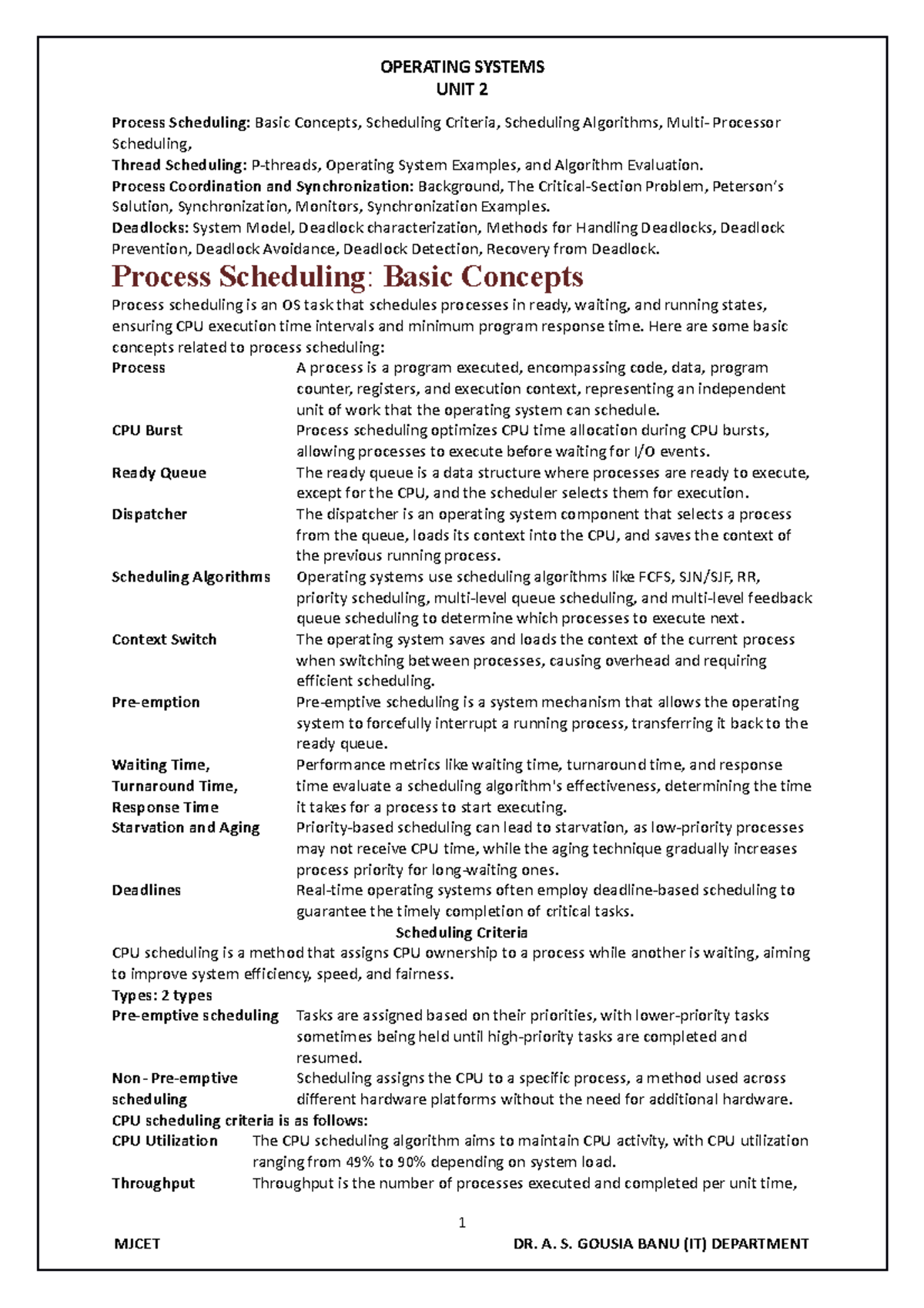 Operating Systems Unit 2 Ou Unit 2 Process Scheduling Basic Concepts Scheduling Criteria