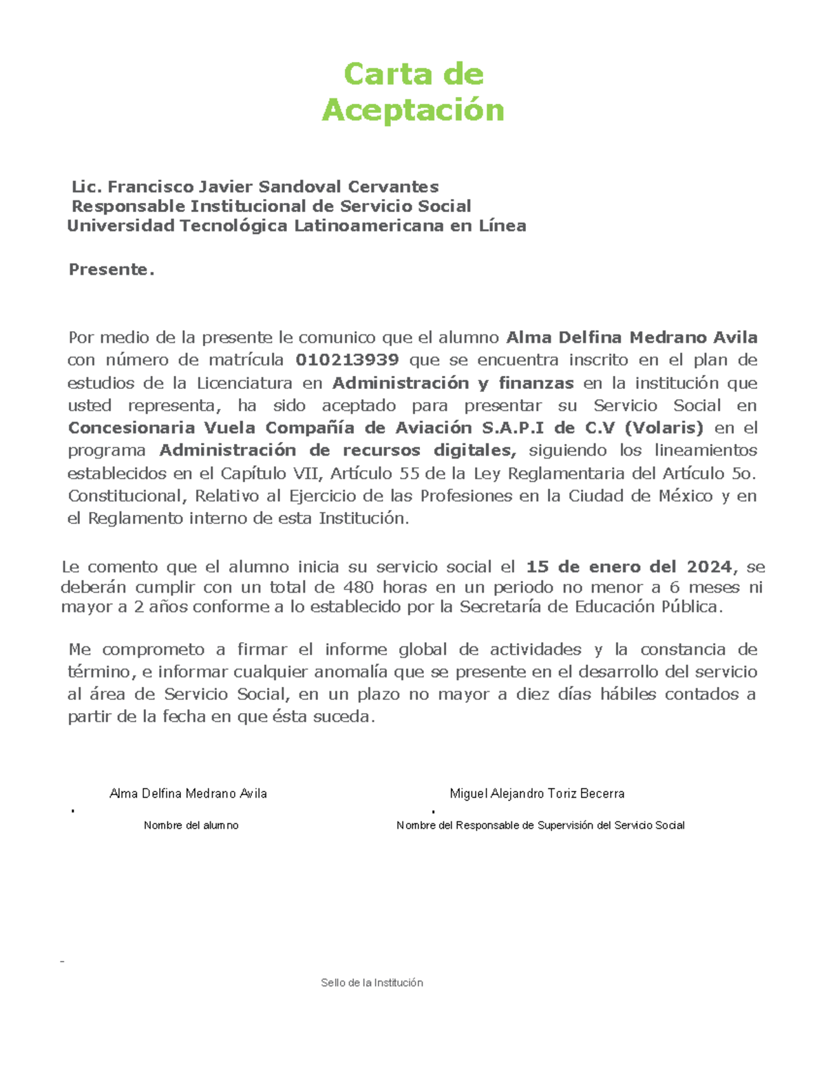Carta de Aceptación de servicio social - Carta de Aceptación Lic ...