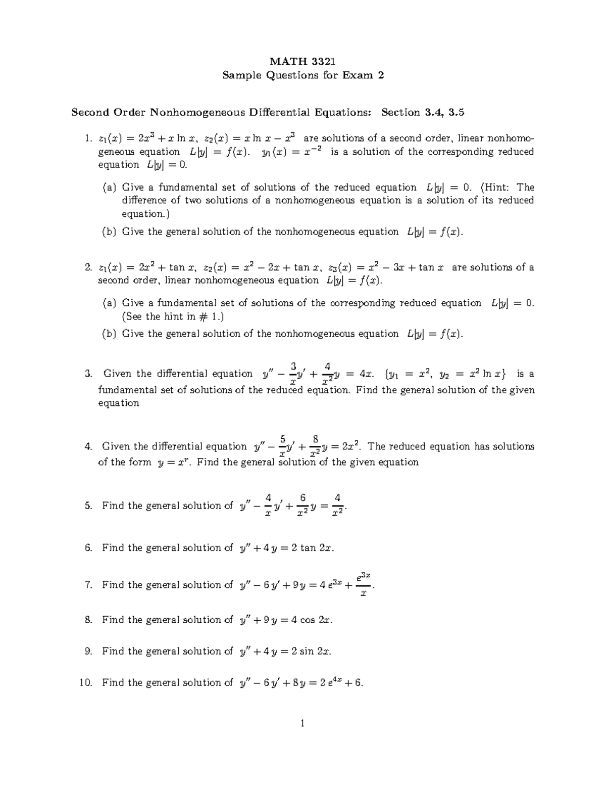 Exam2-S-F17 - Previous Exams Question and Answer - MATH 3321 - UH - Studocu