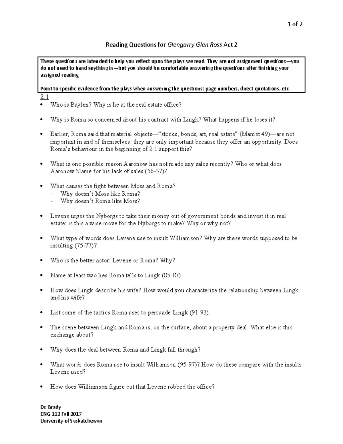 Reading Questions for Glengarry Glen Ross Act 2 - Eng 112.3 - U of S ...