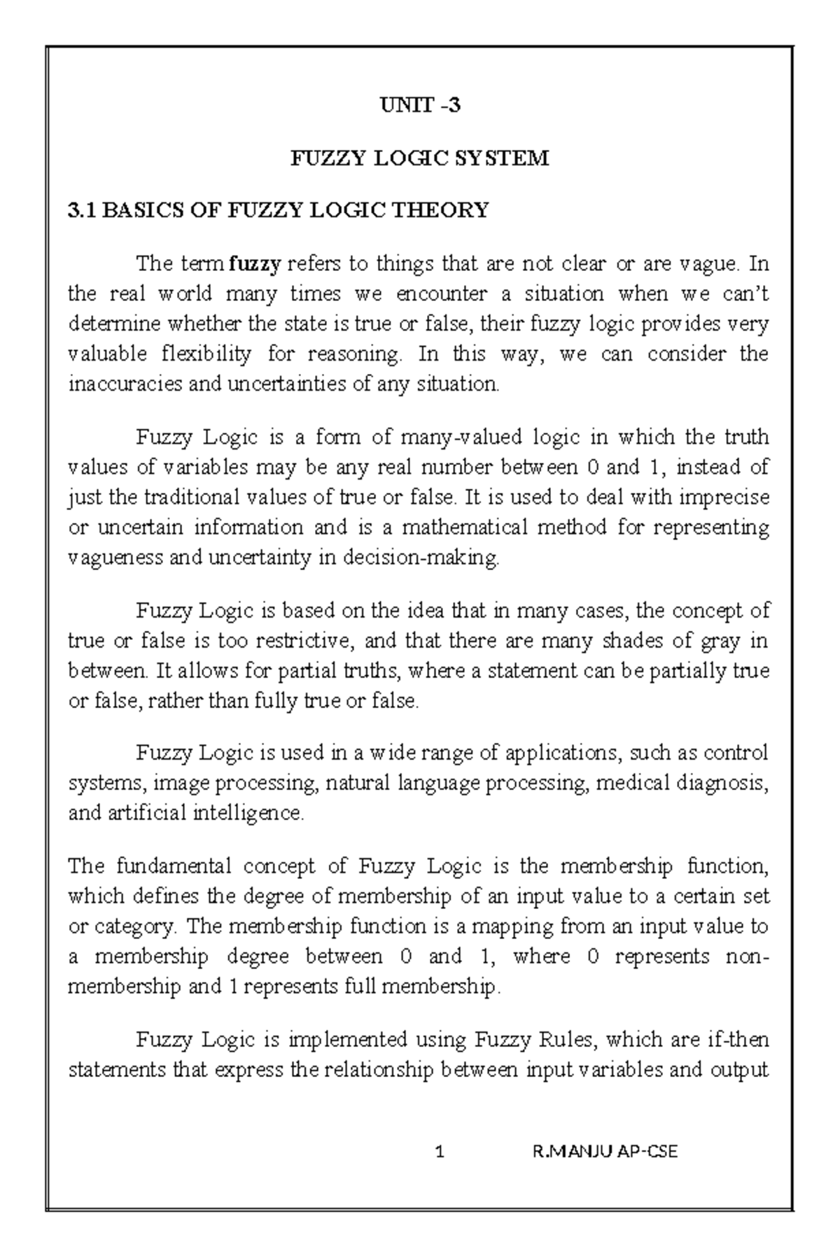 Bm4251 unit3 - UNIT - FUZZY LOGIC SYSTEM 3 BASICS OF FUZZY LOGIC THEORY ...