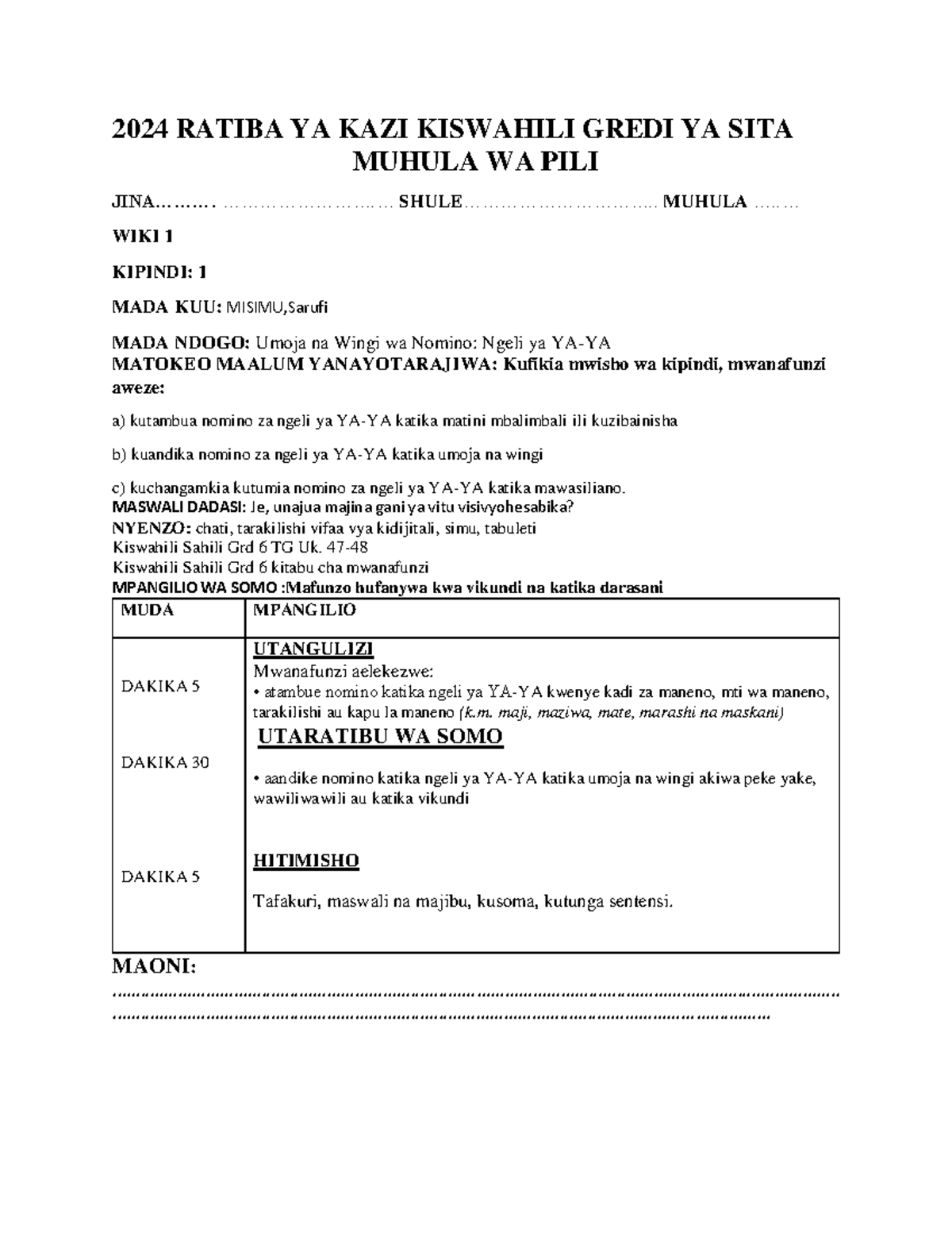 2024 Ratiba YA KAZI Kiswahili Gredi YA SITA Muhula WA PILI (Autosaved ...