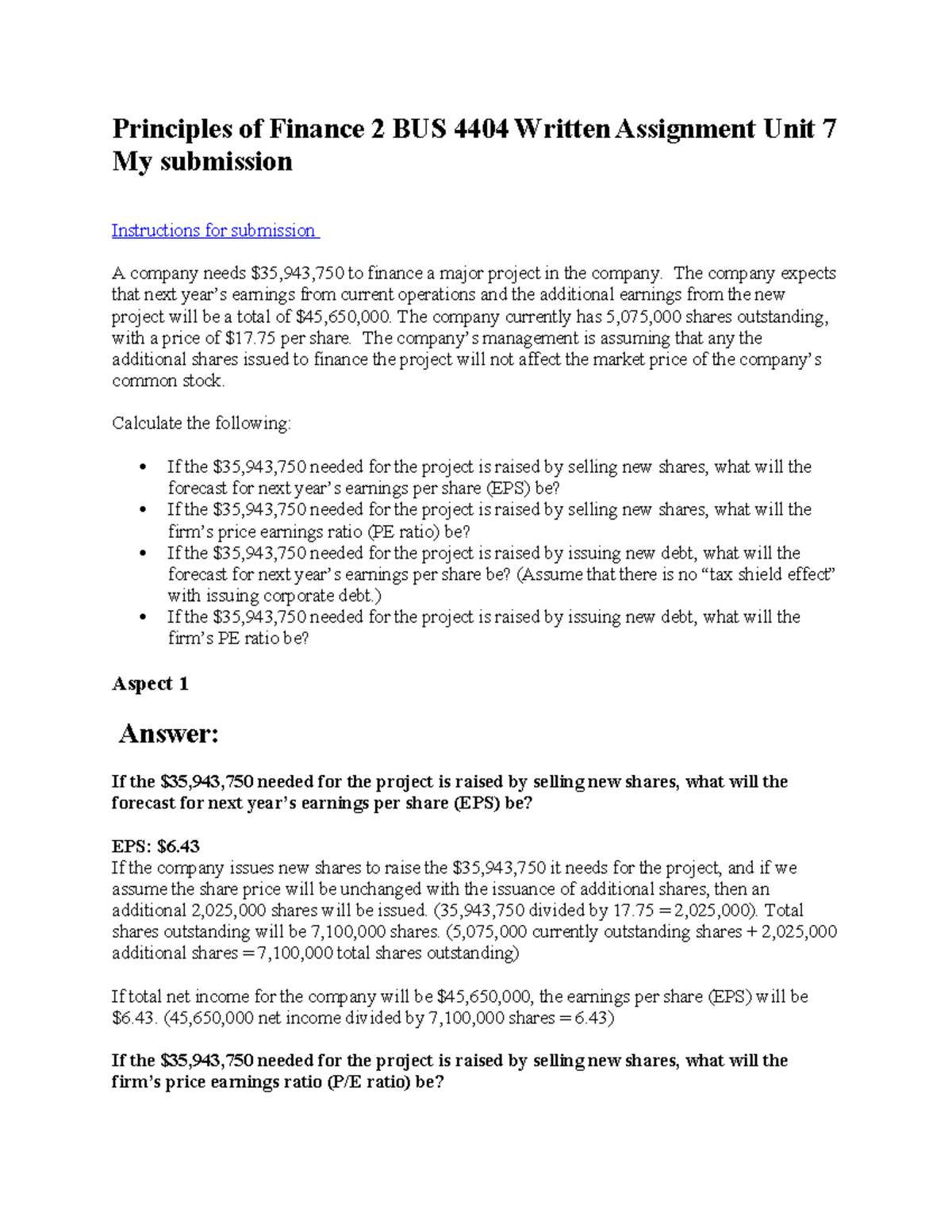 Principles of Finance 2 BUS 4404 Written Assignment Unit 7 My ...