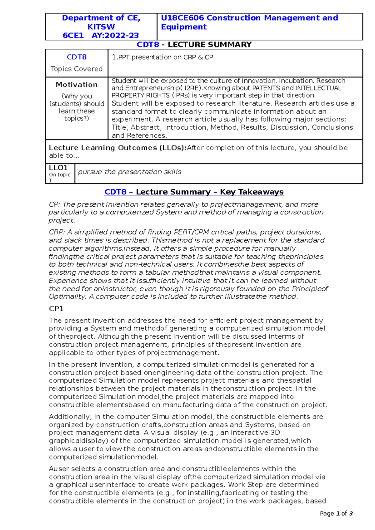 CME15 - Notes - Department of CE, KITSW 6CE1 AY:2022- U18CE606 ...