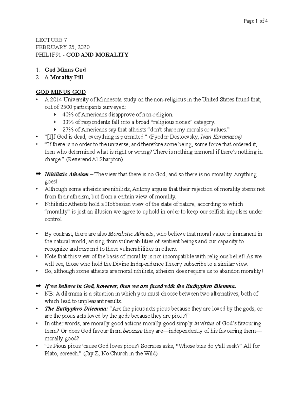 Lecture 17 - FEB 25, 2020 - LECTURE 7 FEBRUARY 25, 2020 PHIL1F91 - GOD ...