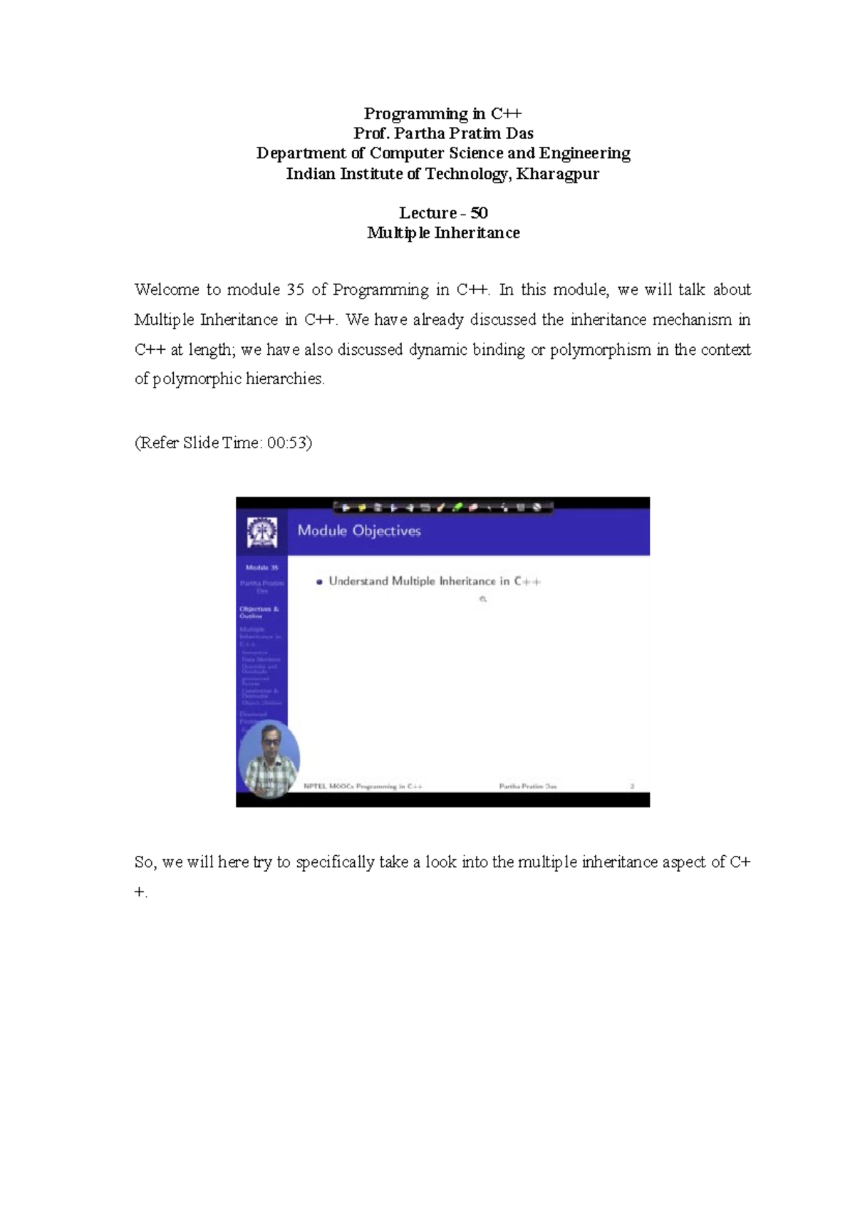 Lec 50 Module 35 Multiple Inheritance Lecture 50 Programming In C 7553