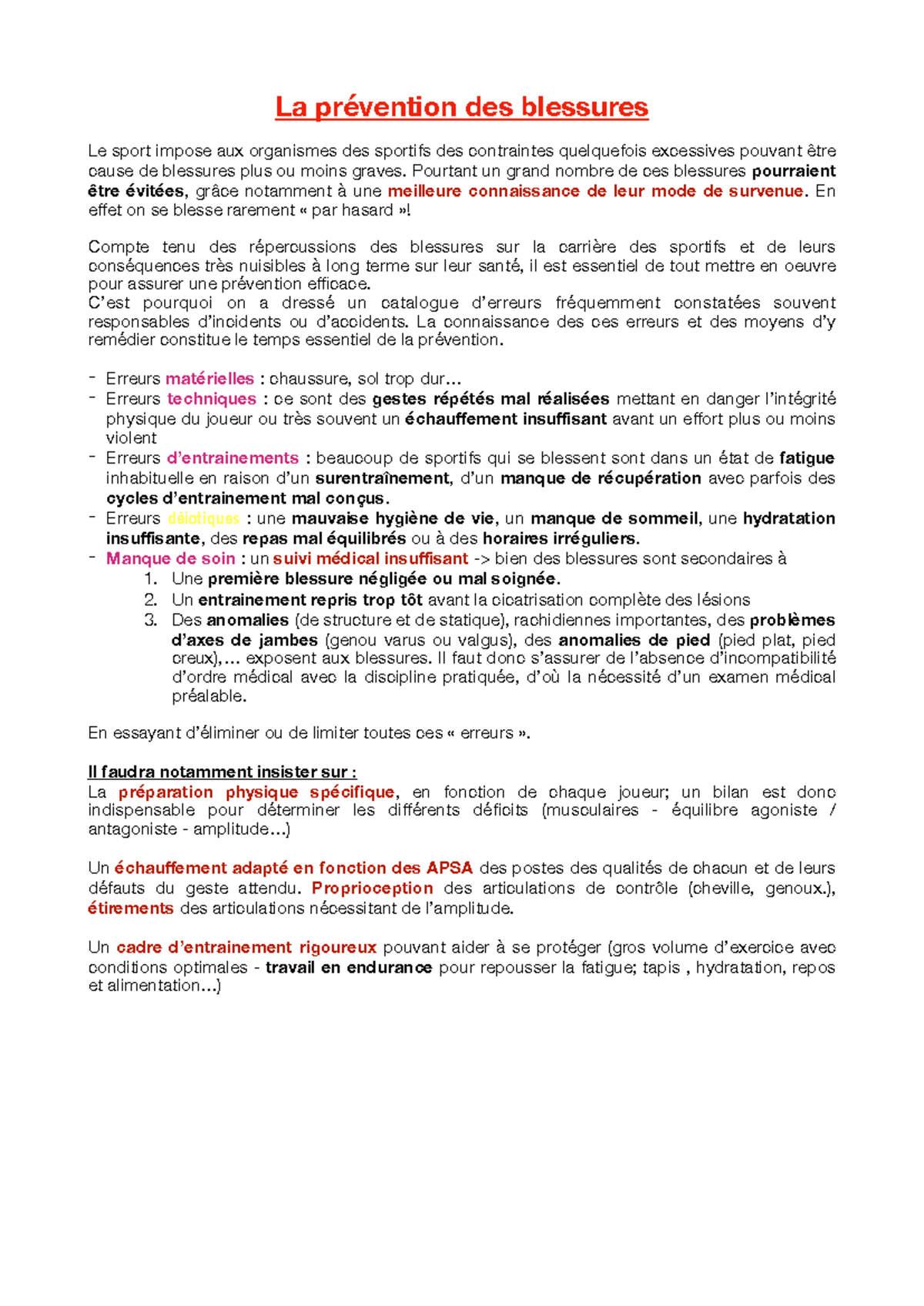 3- la prévention des blessures - La prévention des blessures Le sport impose aux organismes des ...