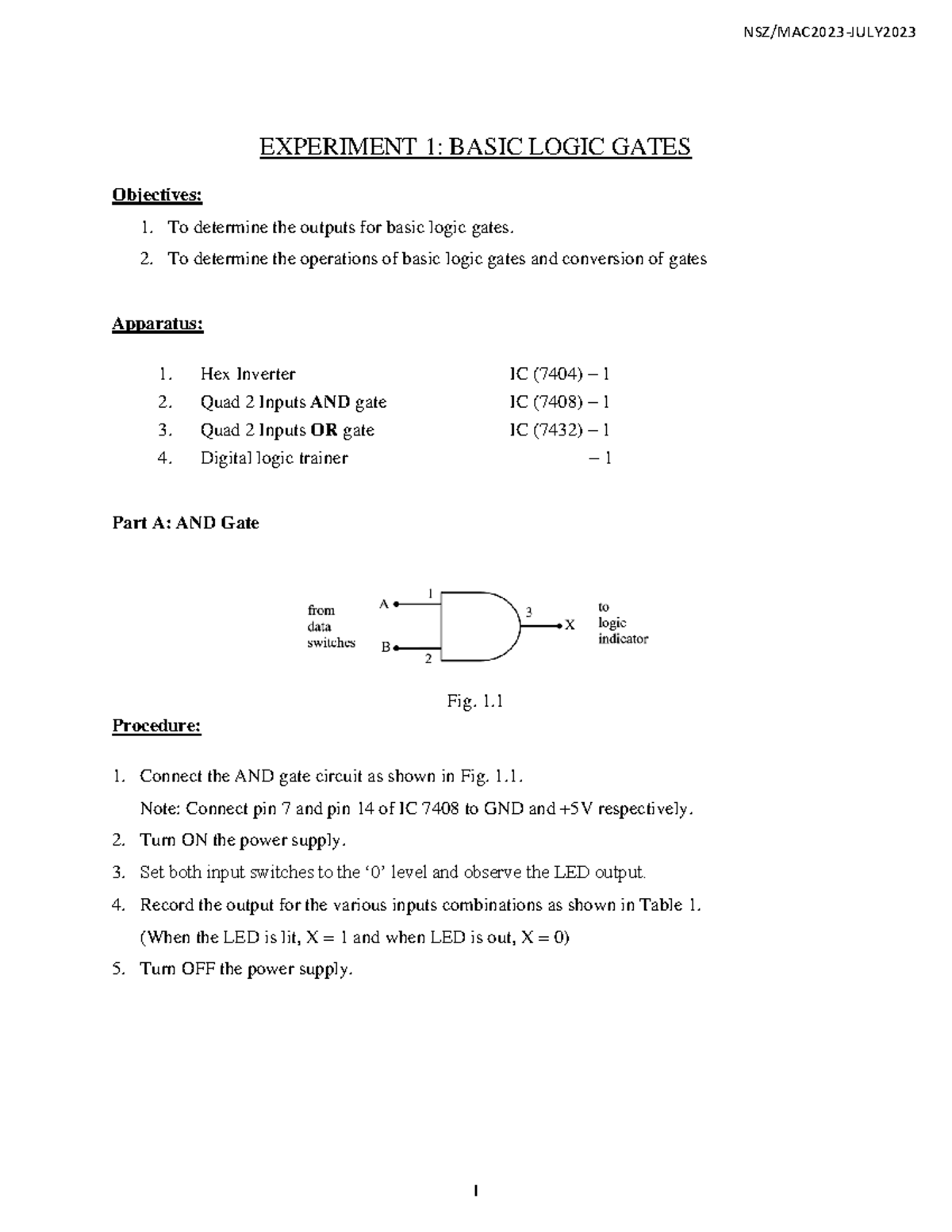 LAB Manual PHY 340 - EXPERIMENT 1: BASIC LOGIC GATES Objectives: To ...