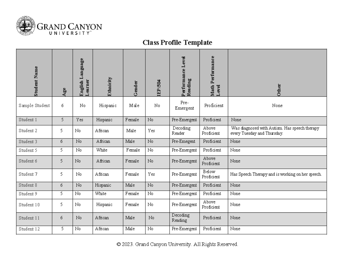 ECS 450 T2 Class Profile - Class Profile Template Student Name Age ...