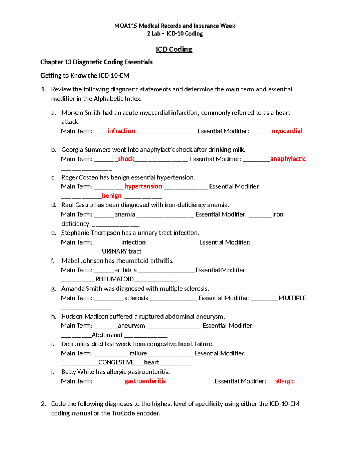 Week 2 Online Lab - lab - MOA115 Medical Records and Insurance Week 2 ...
