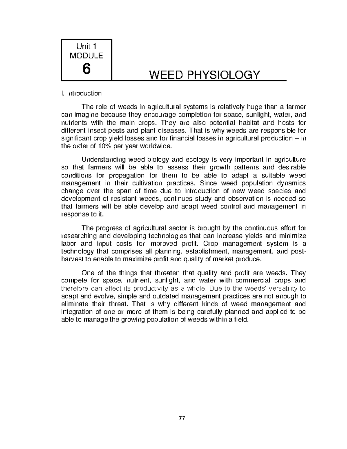 Weed science reading materia;ls - Unit 1 MODULE WEED PHYSIOLOGY I ...